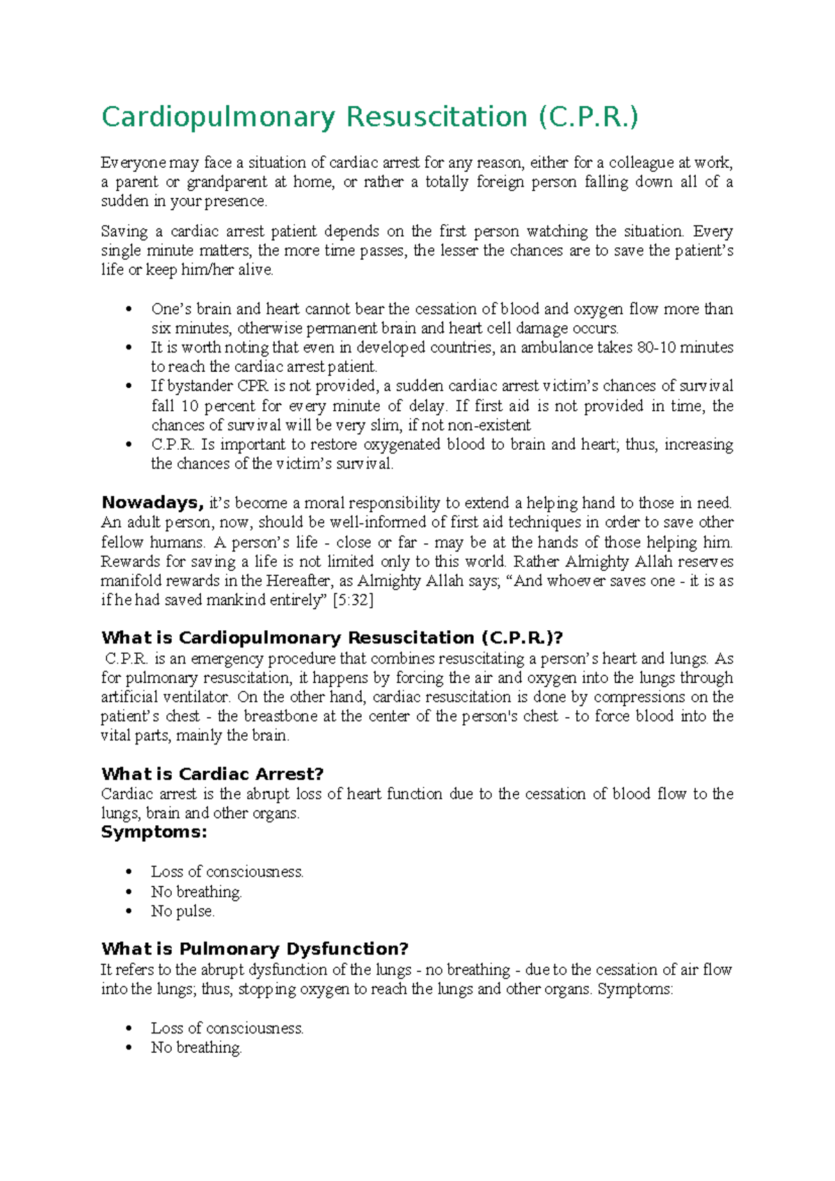 Cardiopulmonary Resuscitation CPR Notes - Cardiopulmonary Resuscitation ...