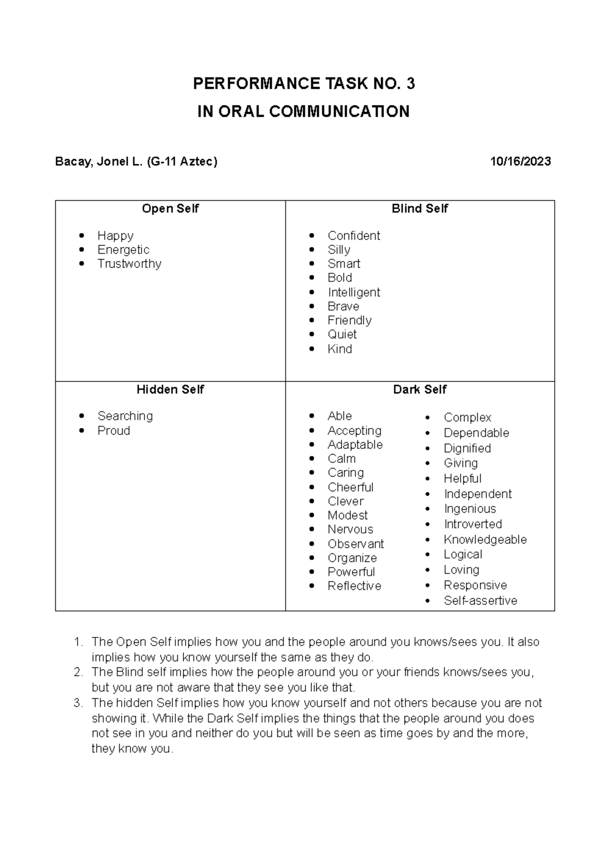 Jonel Bacay (Aztec) - It's helpful. - PERFORMANCE TASK NO. 3 IN ORAL COMMUNICATION Bacay, Jonel ...