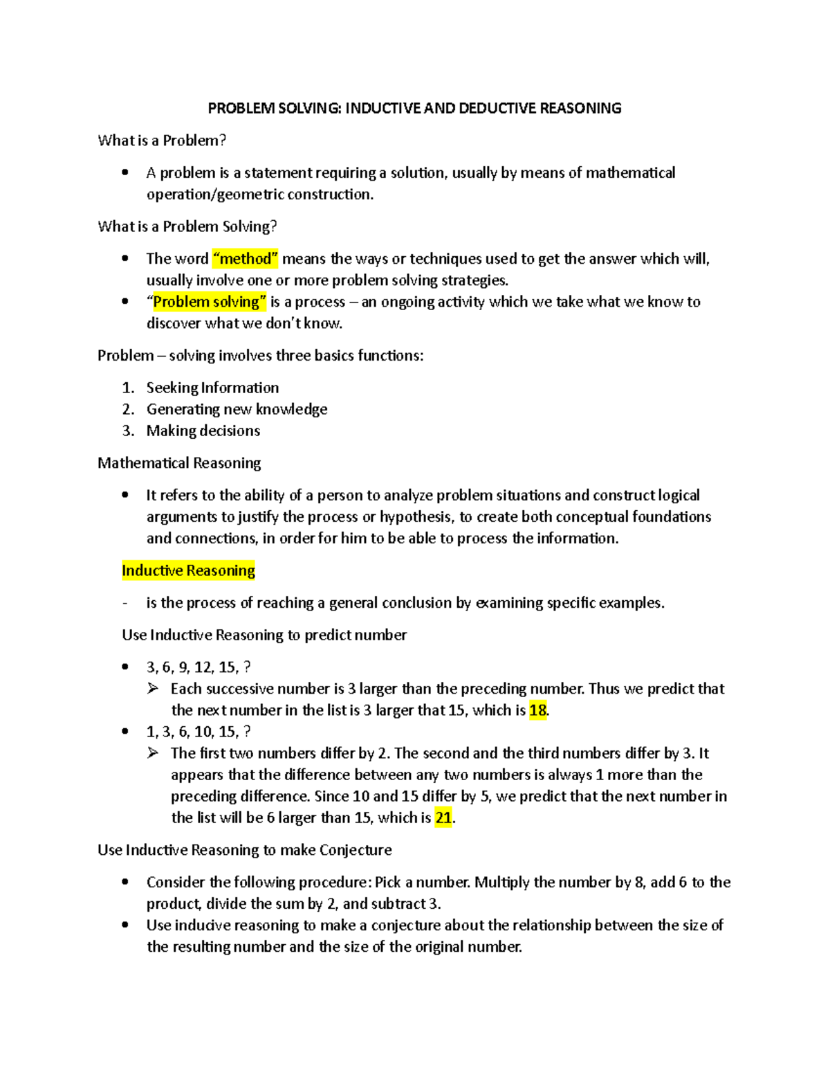 MATH- Reviewer - PROBLEM SOLVING: INDUCTIVE AND DEDUCTIVE REASONING ...
