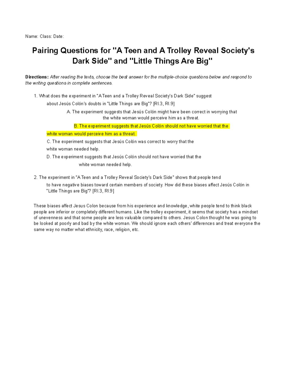 Day 6 - asdfasdf - Name: Class: Date: Pairing Questions for "A Teen and ...