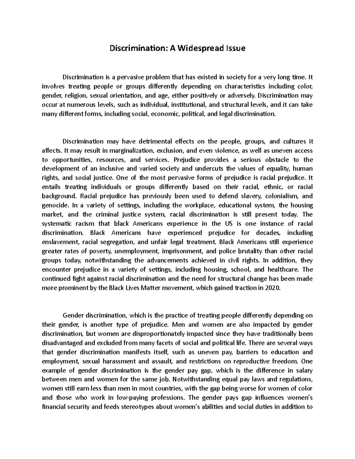 Essays - Discrimination - Discrimination: A Widespread Issue ...