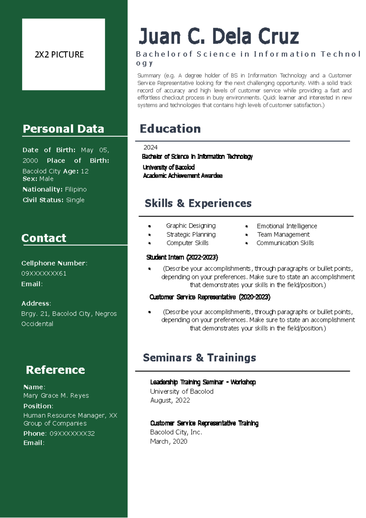 Mock Job Interview Resume Template 1 - 2X2 PICTURE Personal Data Date ...