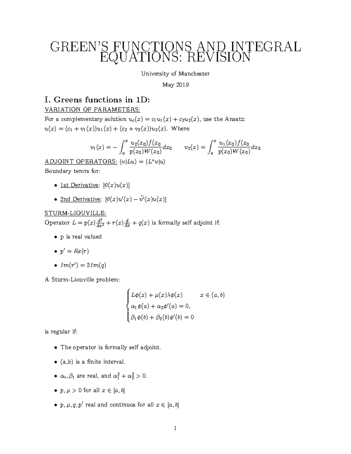 Greens Revision - Summary Green's Functions, Integral Equations and ...