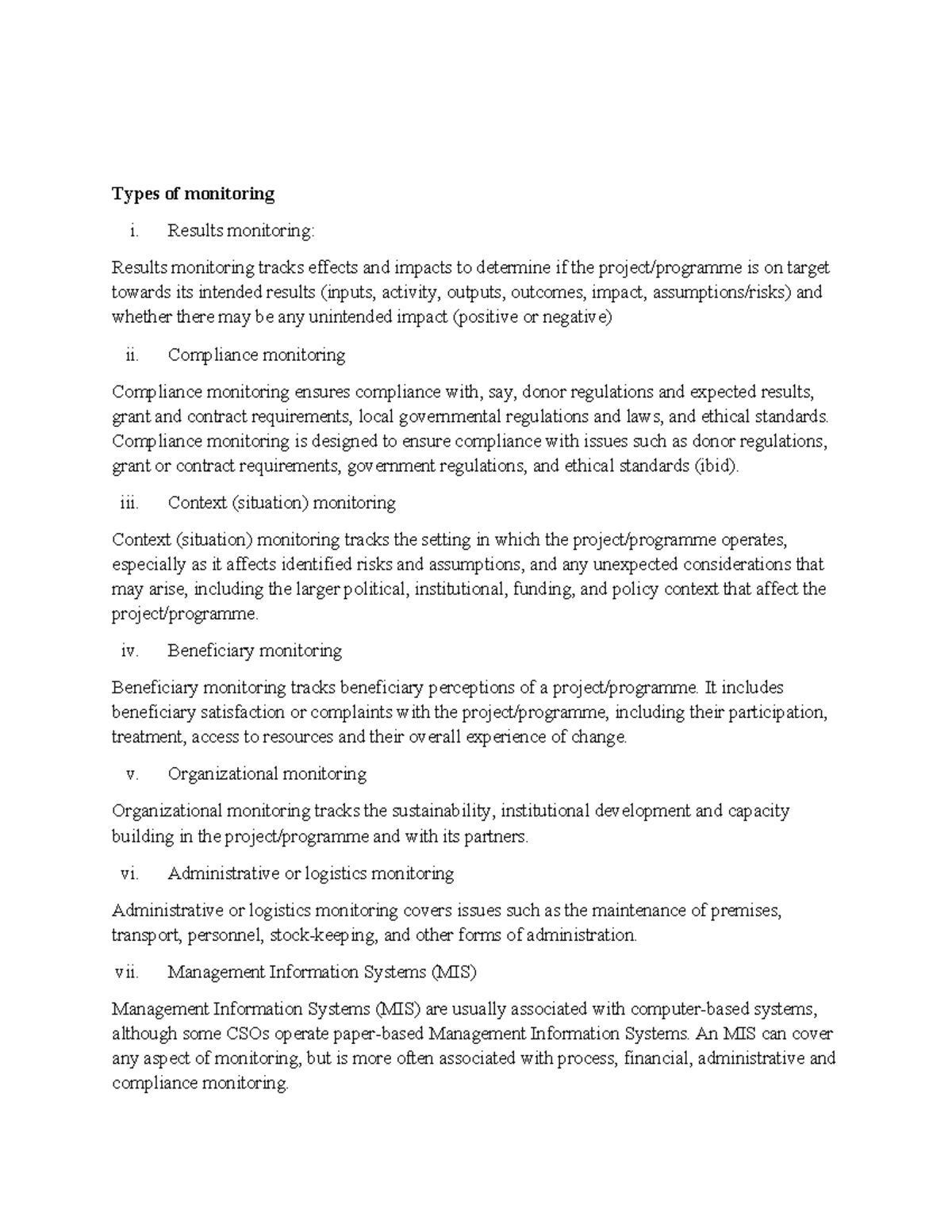 Types of monitoring - pme - Types of monitoring i. Results monitoring ...