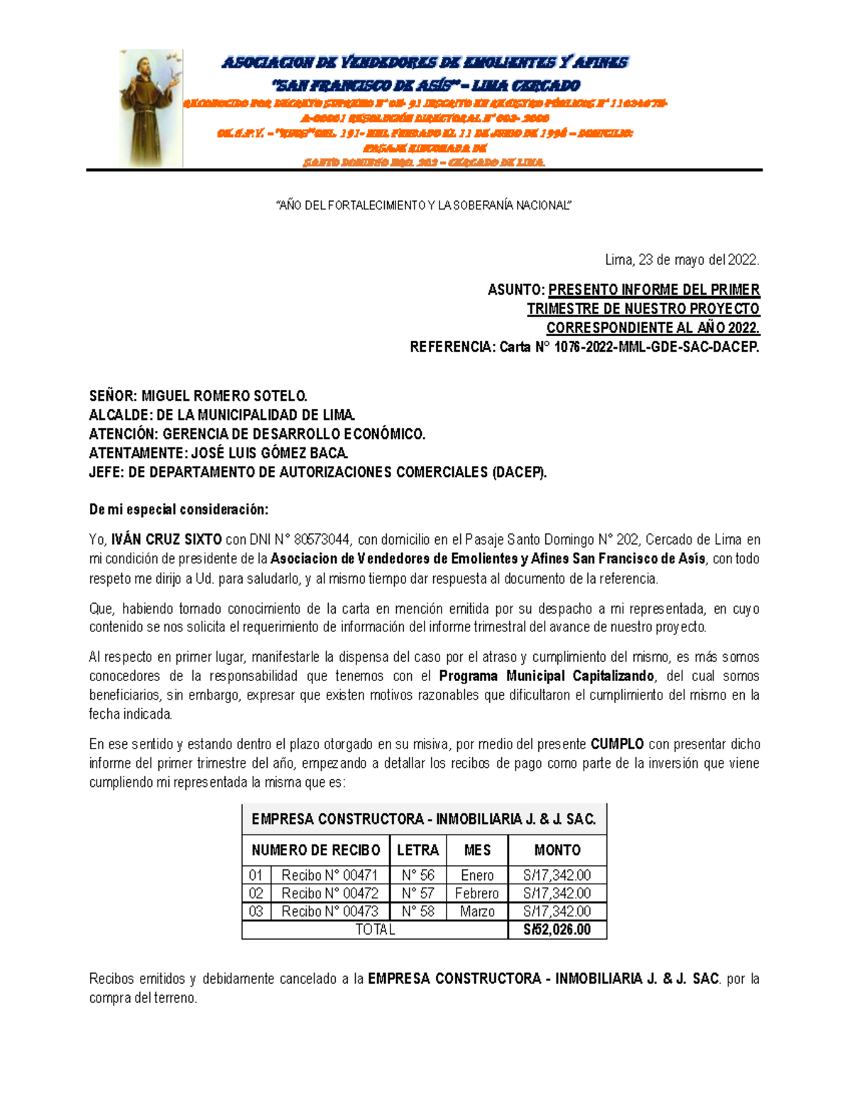 Carta DE Informe Trimestral - ASOCIACION DE VENDEDORES DE EMOLIENTES Y ...