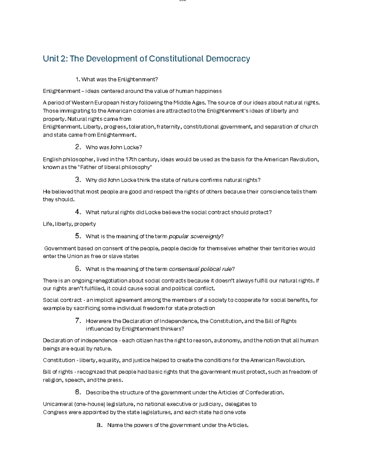 Study Guide AM POL WGU - Unit 2: The Development of Constitutional ...