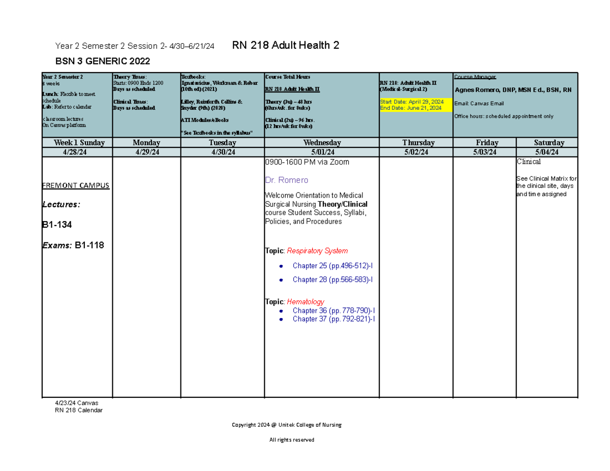 RN 218 Calendar (2)-1 - BSN 3 GENERIC 2022 Year 2 Semester 2 8 weeks ...