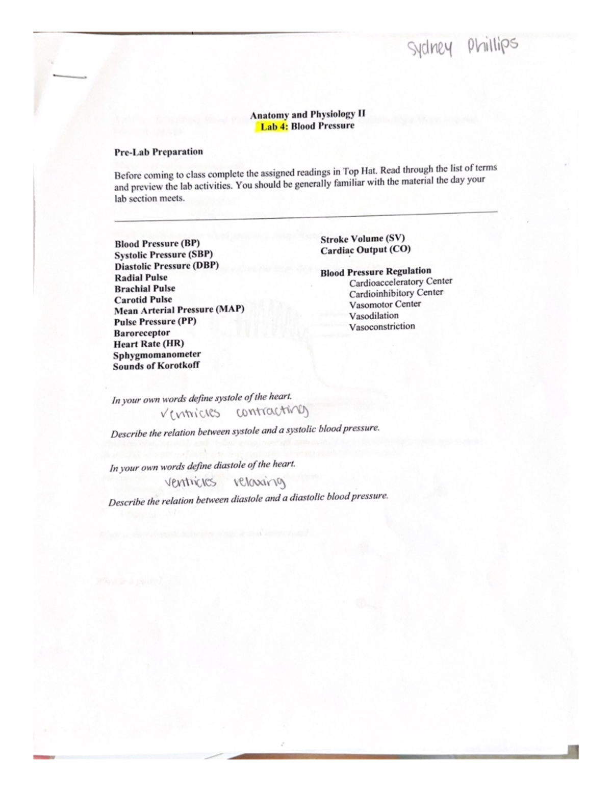 Worksheet with Answers for Blood Pressure and Typing labs - KINS 1224 ...