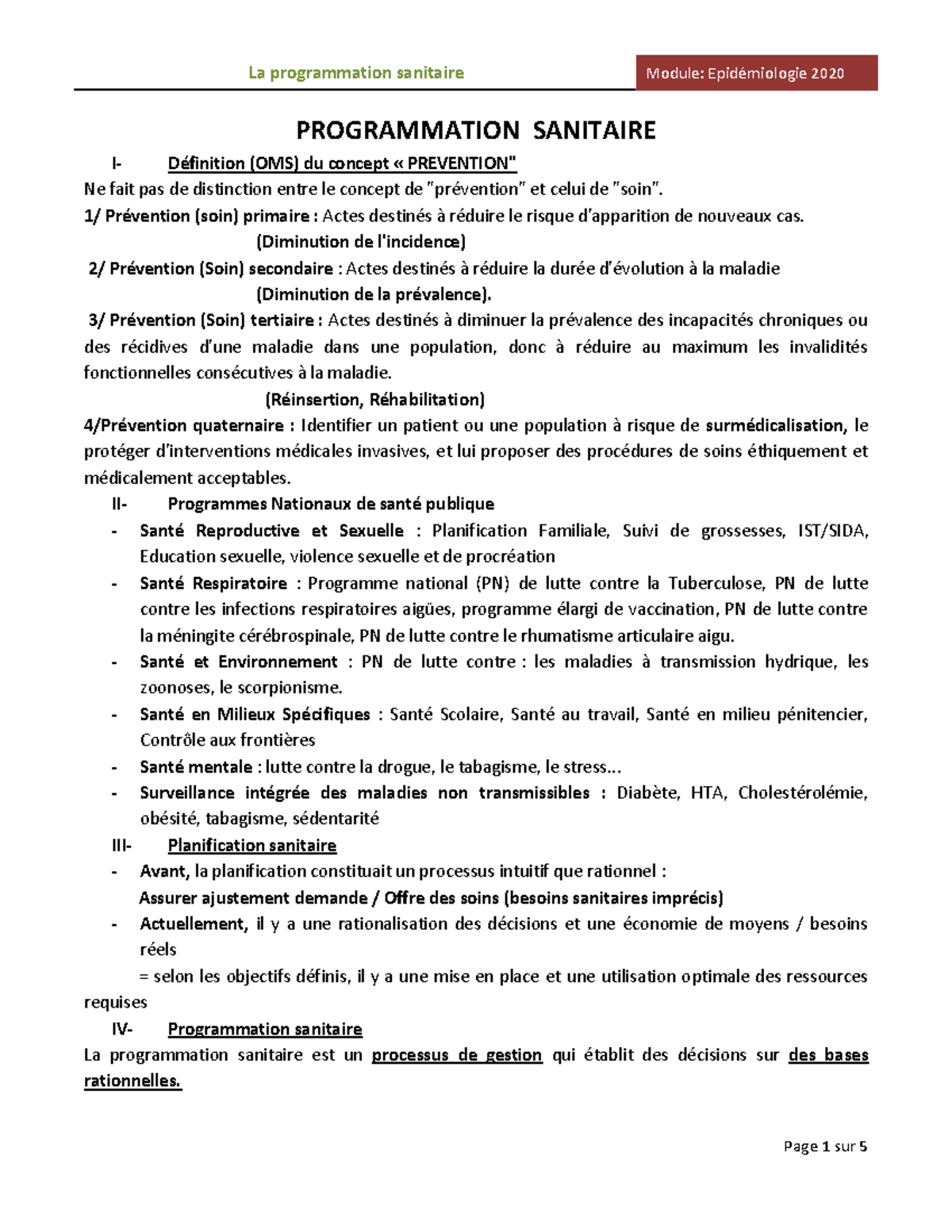 Programmation sanitaire 2020 - PROGRAMMATION SANITAIRE I- Définition ...