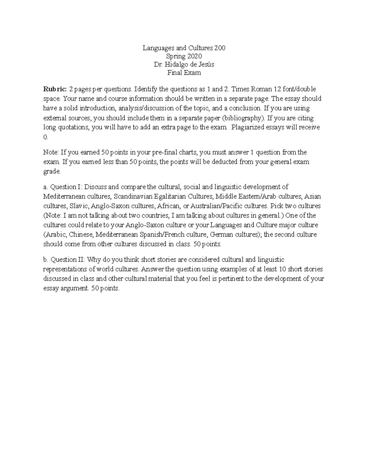 Final Exam Languages and Cultures 200 Spring 20 - Languages and ...