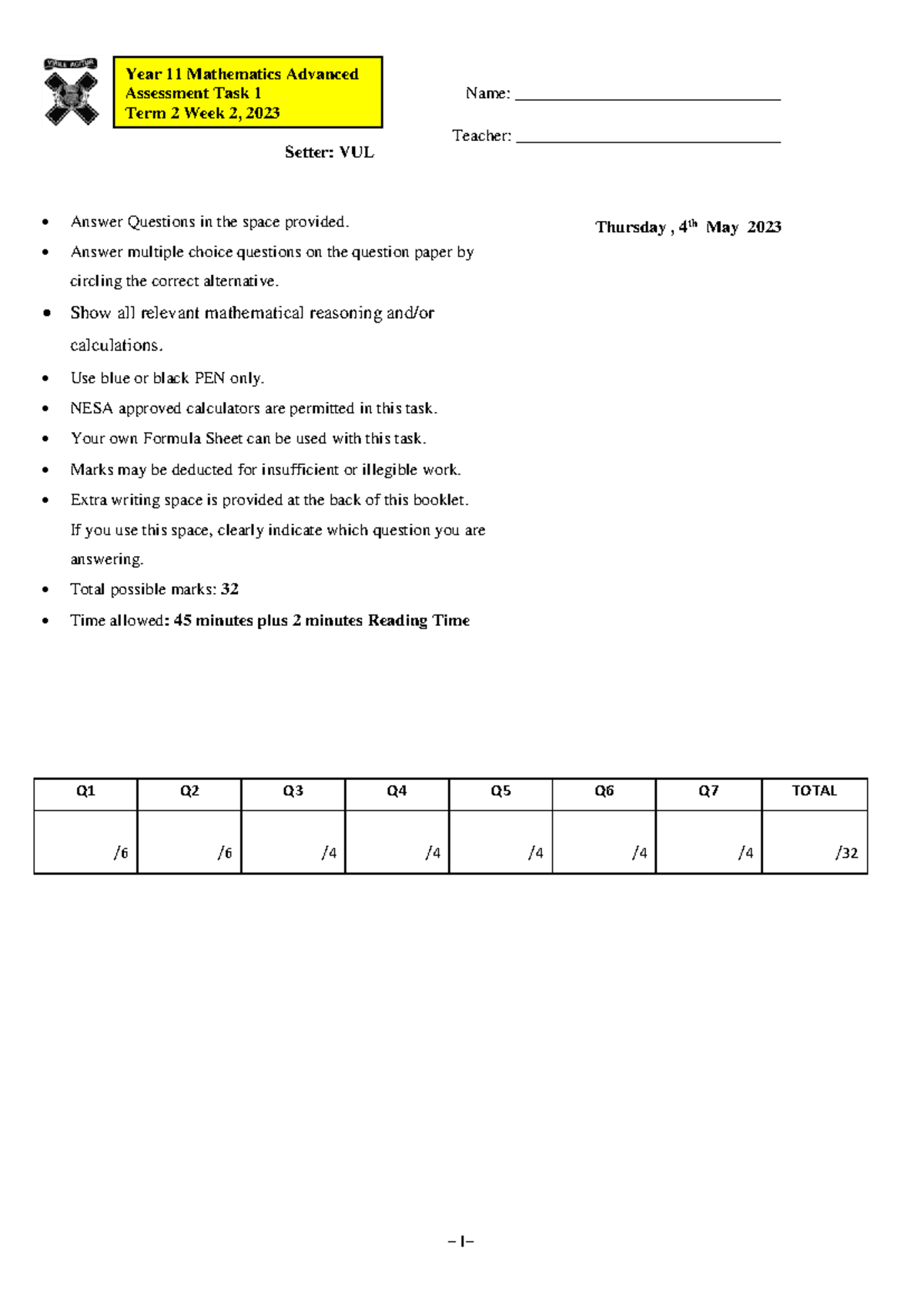 Past paper y11 adv math - Setter: VUL Answer Questions in the space ...