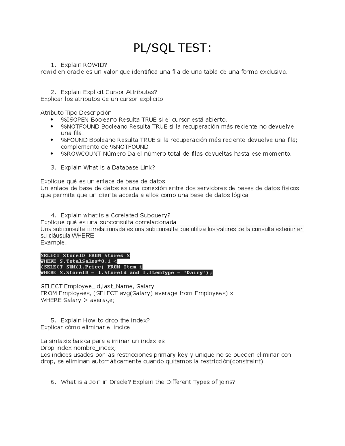 Plsql Test - este es el documento para estudio de la materia de base de ...