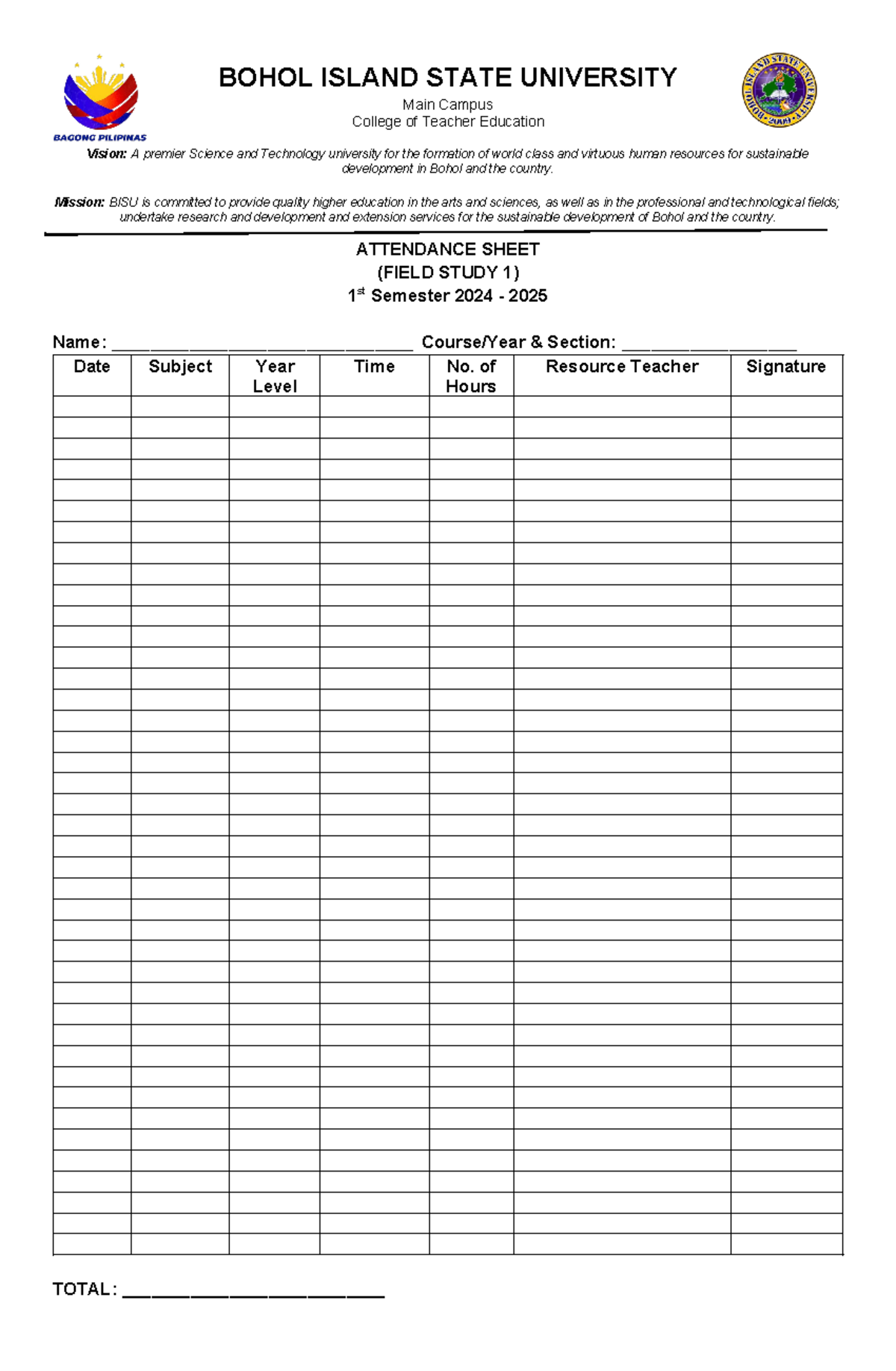 Attendance-Sheet-for-Field-Study 3 - BOHOL ISLAND STATE UNIVERSITY Main ...