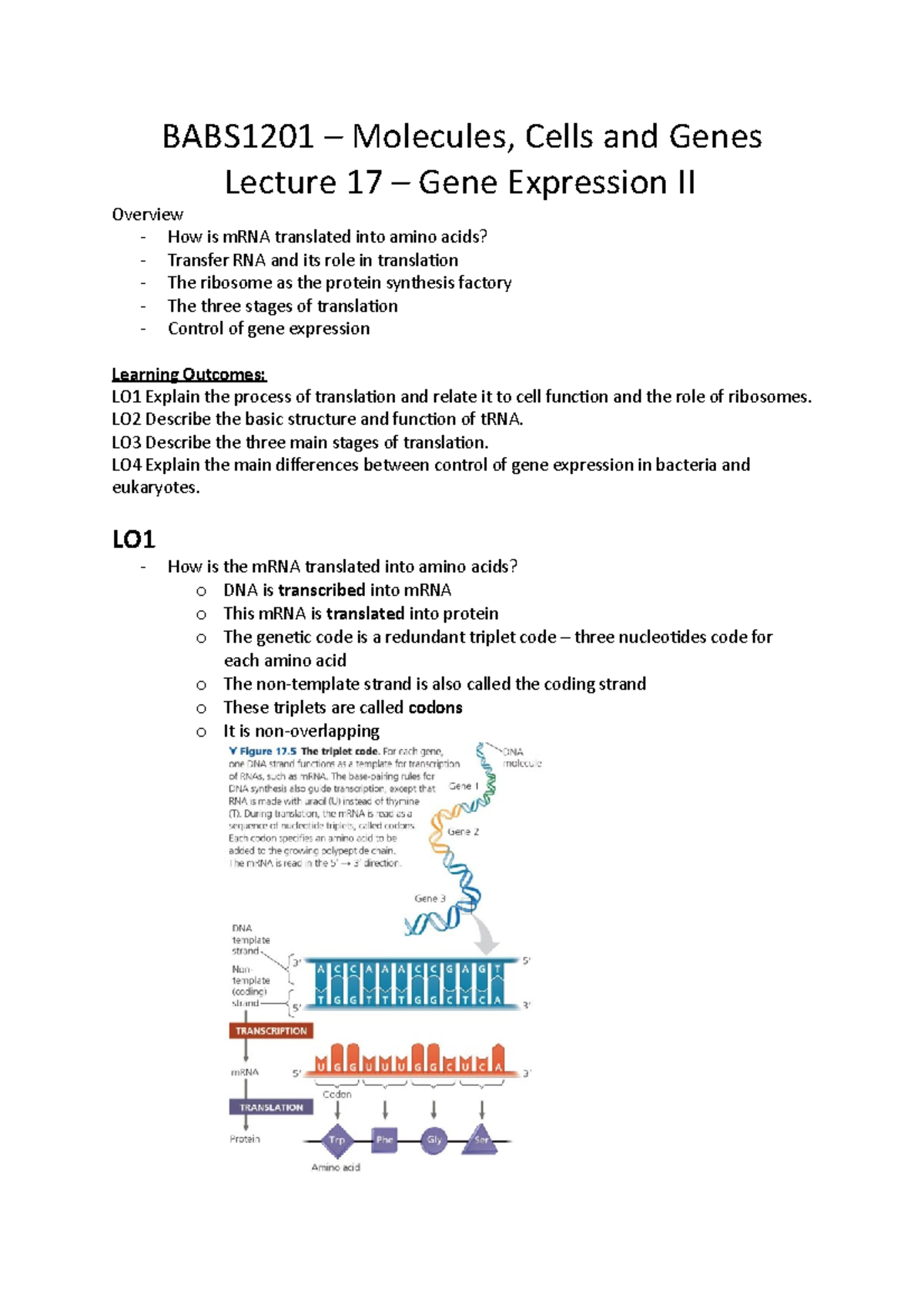 BABS1201 - Lecture 17 - BABS1201 – Molecules, Cells and Genes Lecture ...