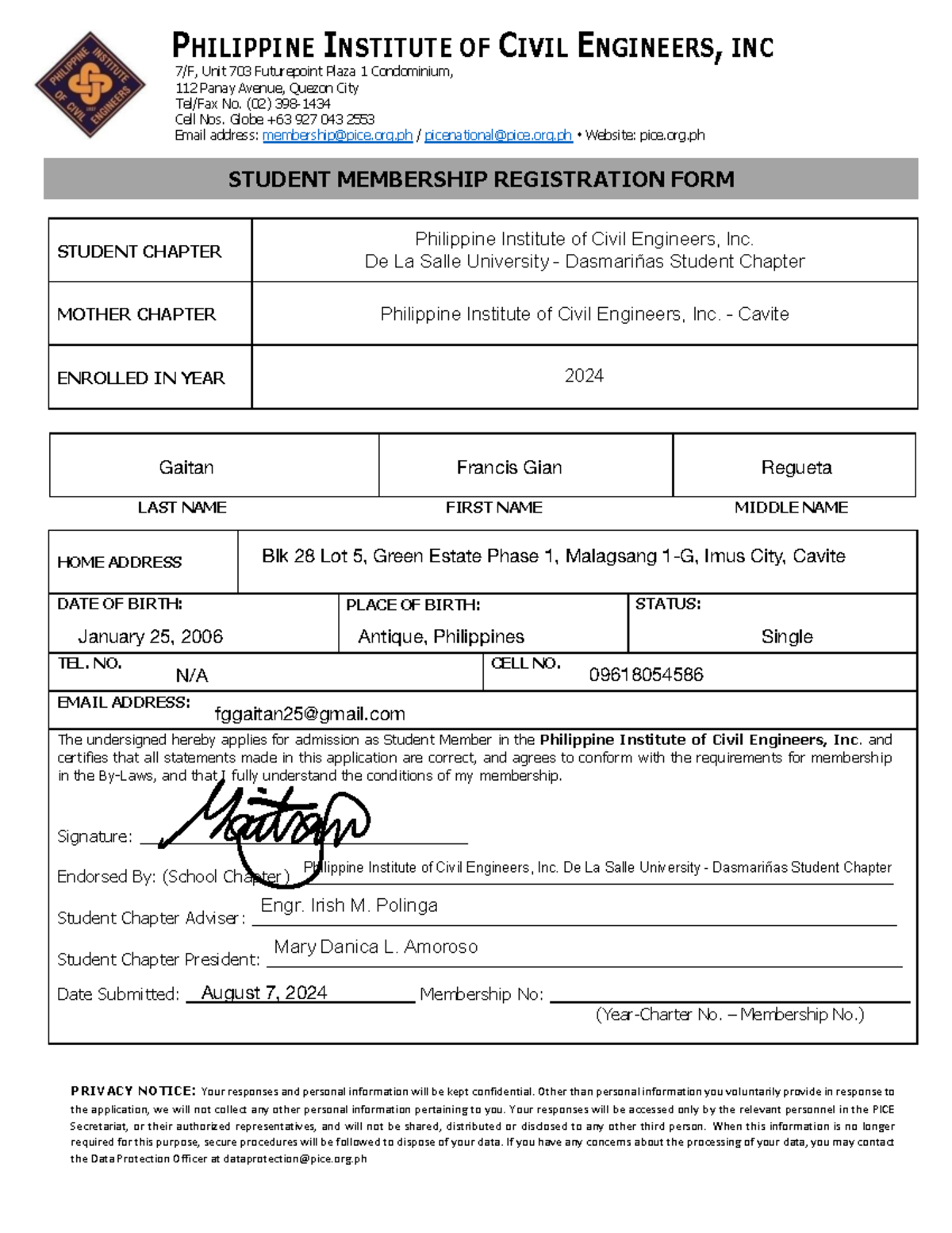 Gaitan Francis Gian SMF - STUDENT MEMBERSHIP REGISTRATION FORM P ...
