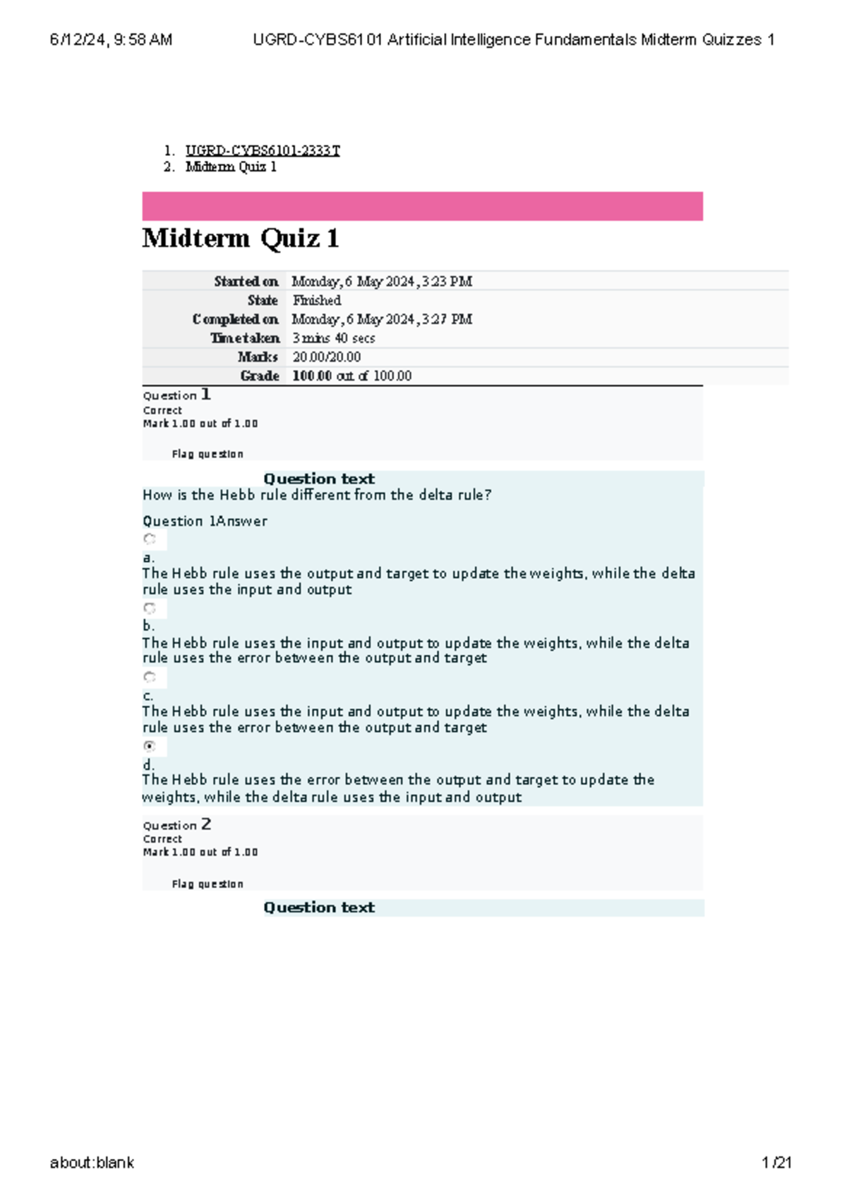 Mid-1 - For education purposes only - 1. UGRD-CYBS6101-2333T 2. Midterm Quiz 1 Midterm Quiz 1 ...