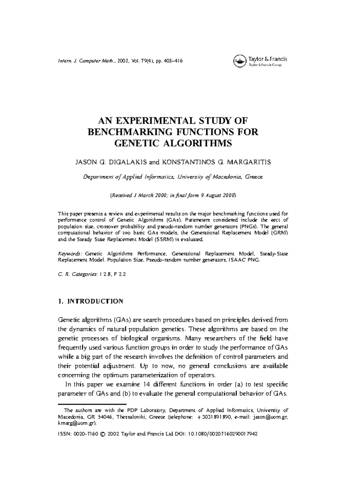 Tutorial 3 An experimental study of benchmarking functions for genetic algorithms. International ...