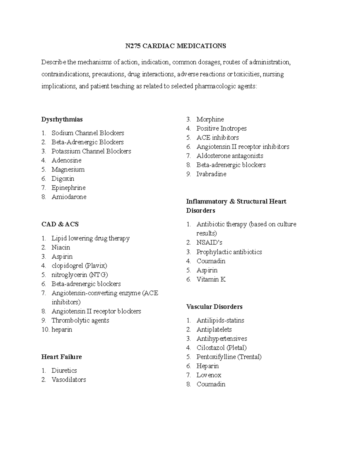 Cardiac Medications PDF - N275 CARDIAC MEDICATIONS Describe the ...