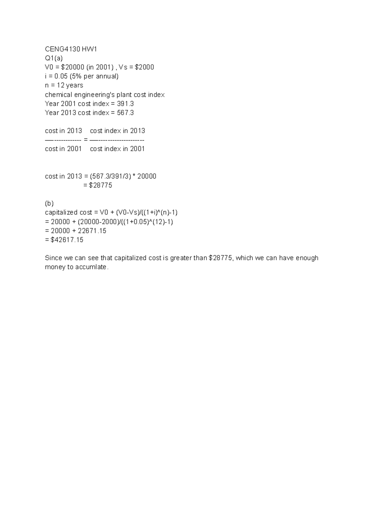 CENG4130 HW1 - The first homework assignment dealing with process economics - CENG4130 HW Q1(a ...