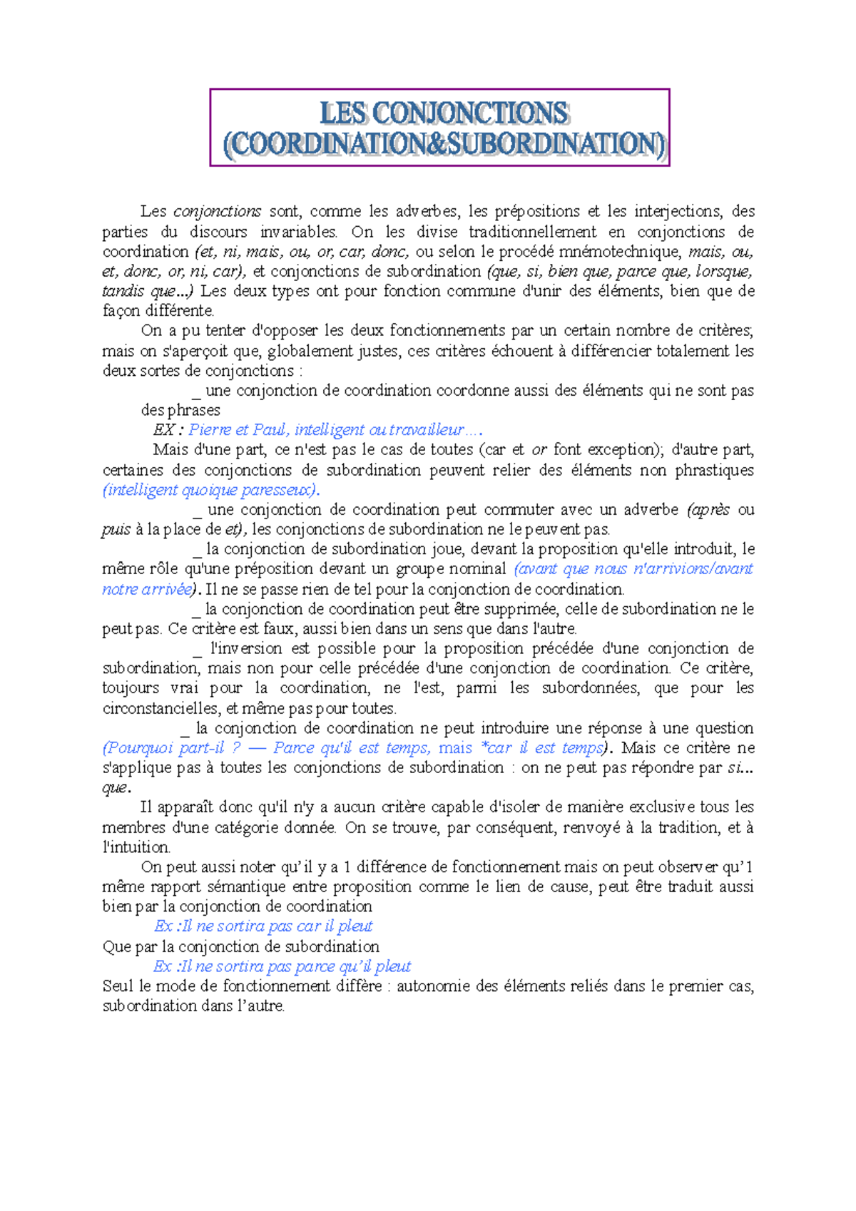 Conjonctions - cours de grammaire - Les conjonctions sont, comme les ...