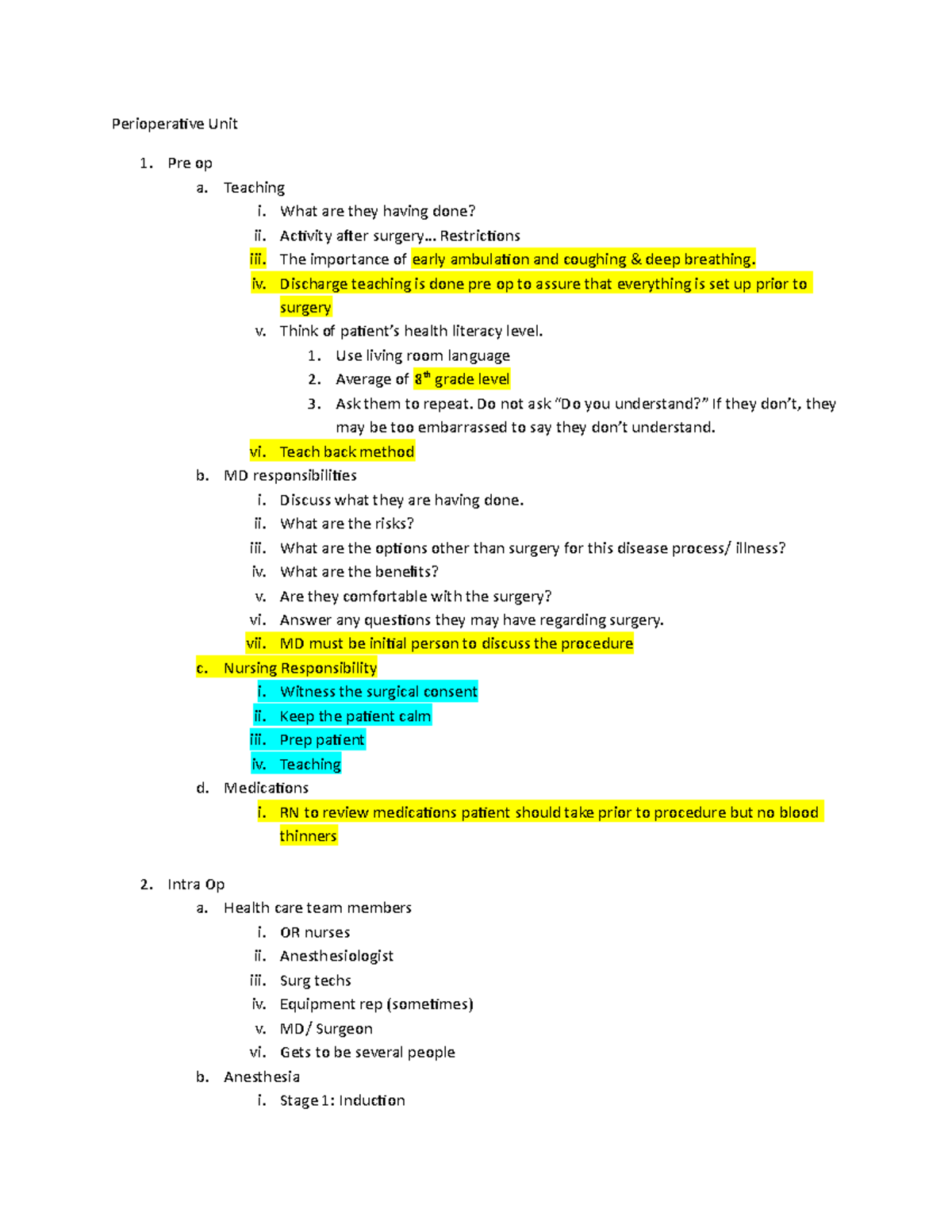 2Perioperative Unit Review - Perioperative Unit Pre op a. Teaching i ...
