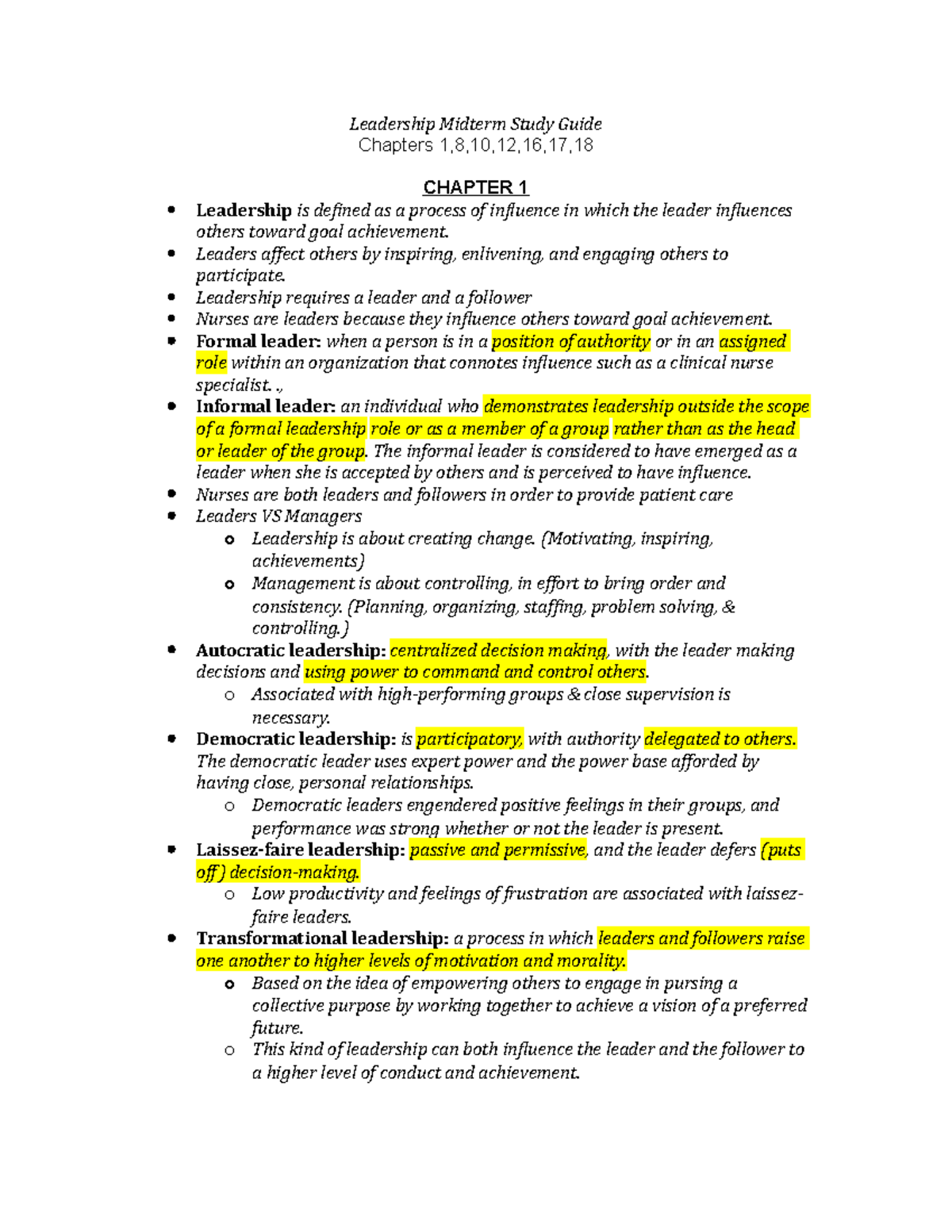 Leadership Midterm Study Guide - Leadership Midterm Study Guide ...
