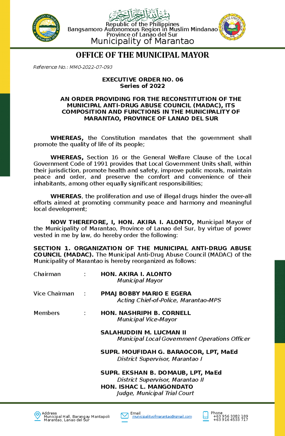 6. 2023 Executive Order Madac - Republic of the Philippines Bangsamoro Autonomous Region in ...