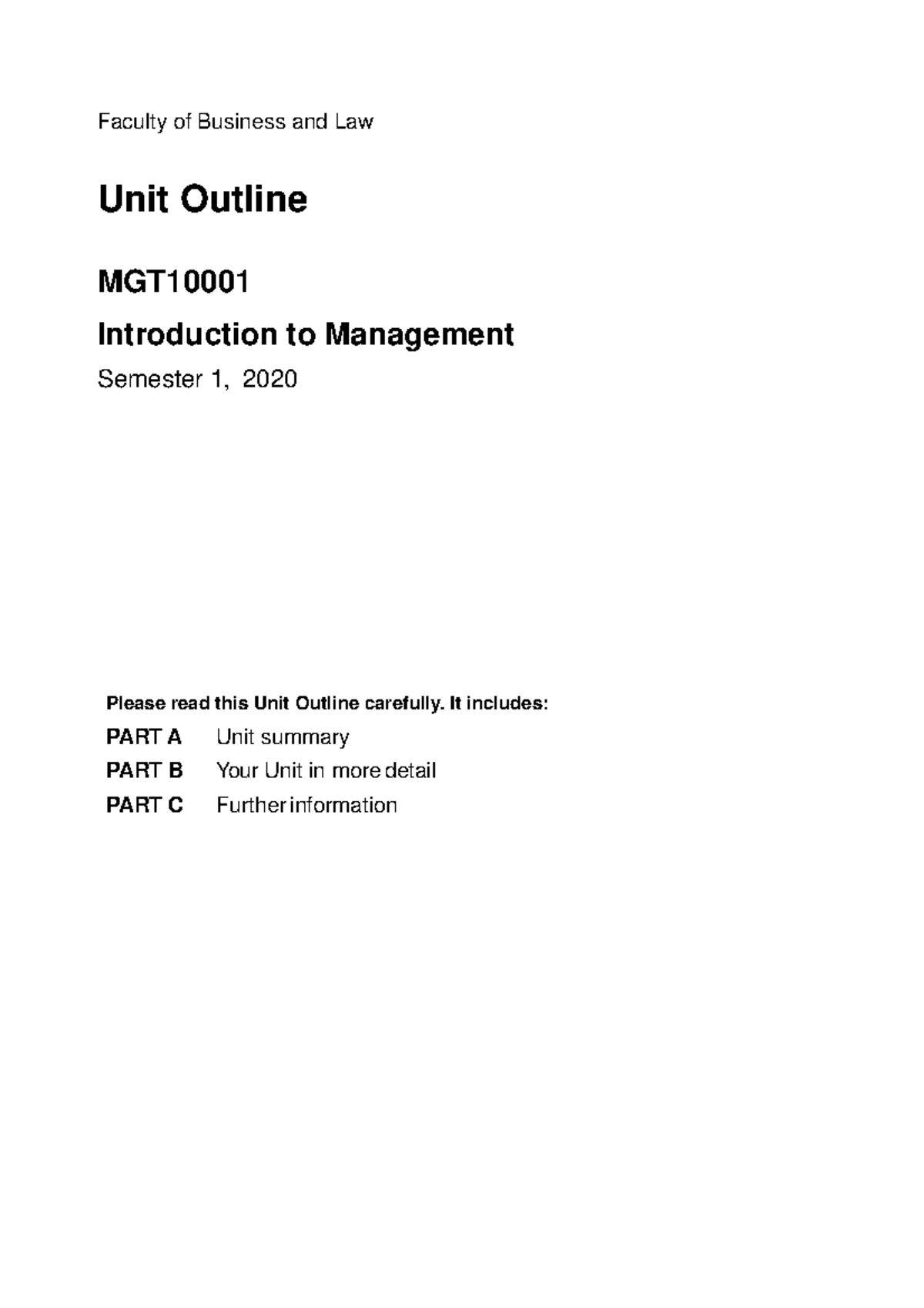 MGT10001 course outline intro to management - Faculty of Business and ...
