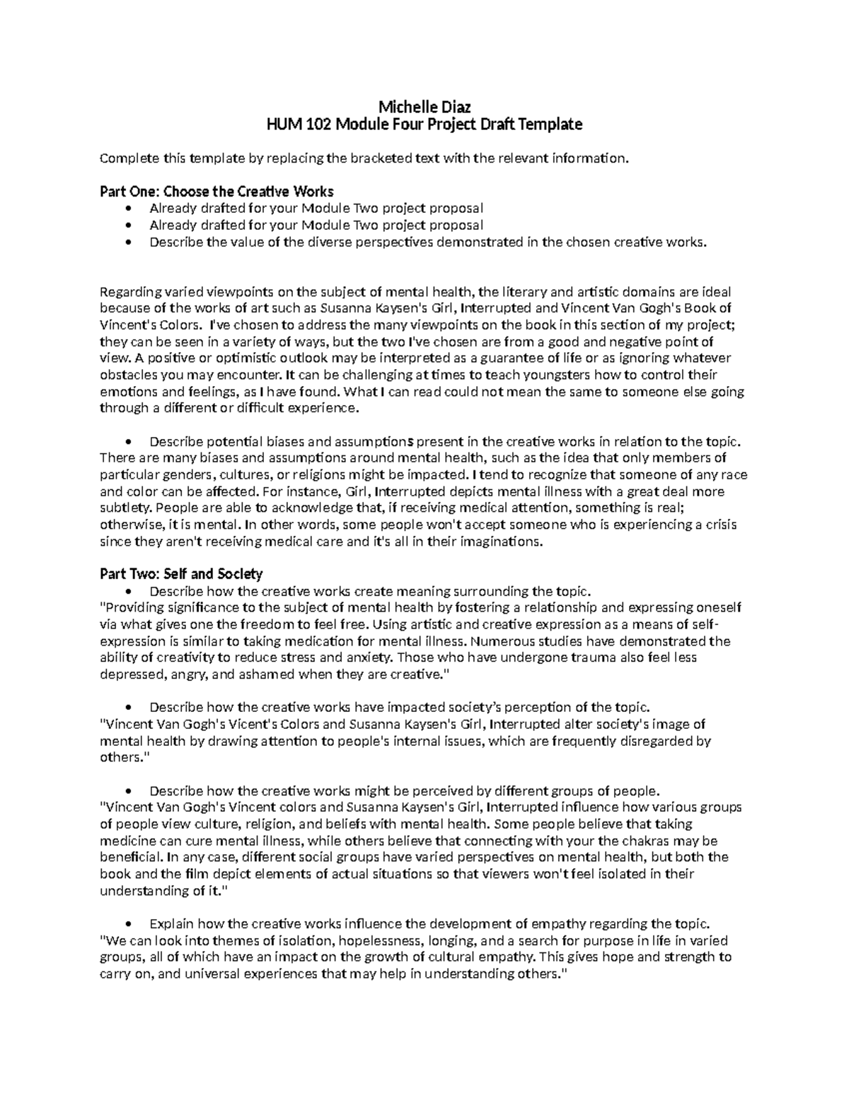 HUM 102 Module Four Project Draft - Part One: Choose the Creative Works ...