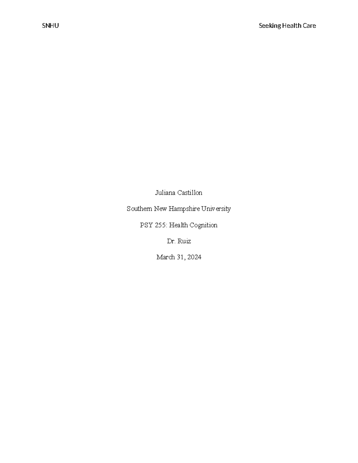 Health Psychology Week 4 Short Paper 2024 - Juliana Castillon Southern ...