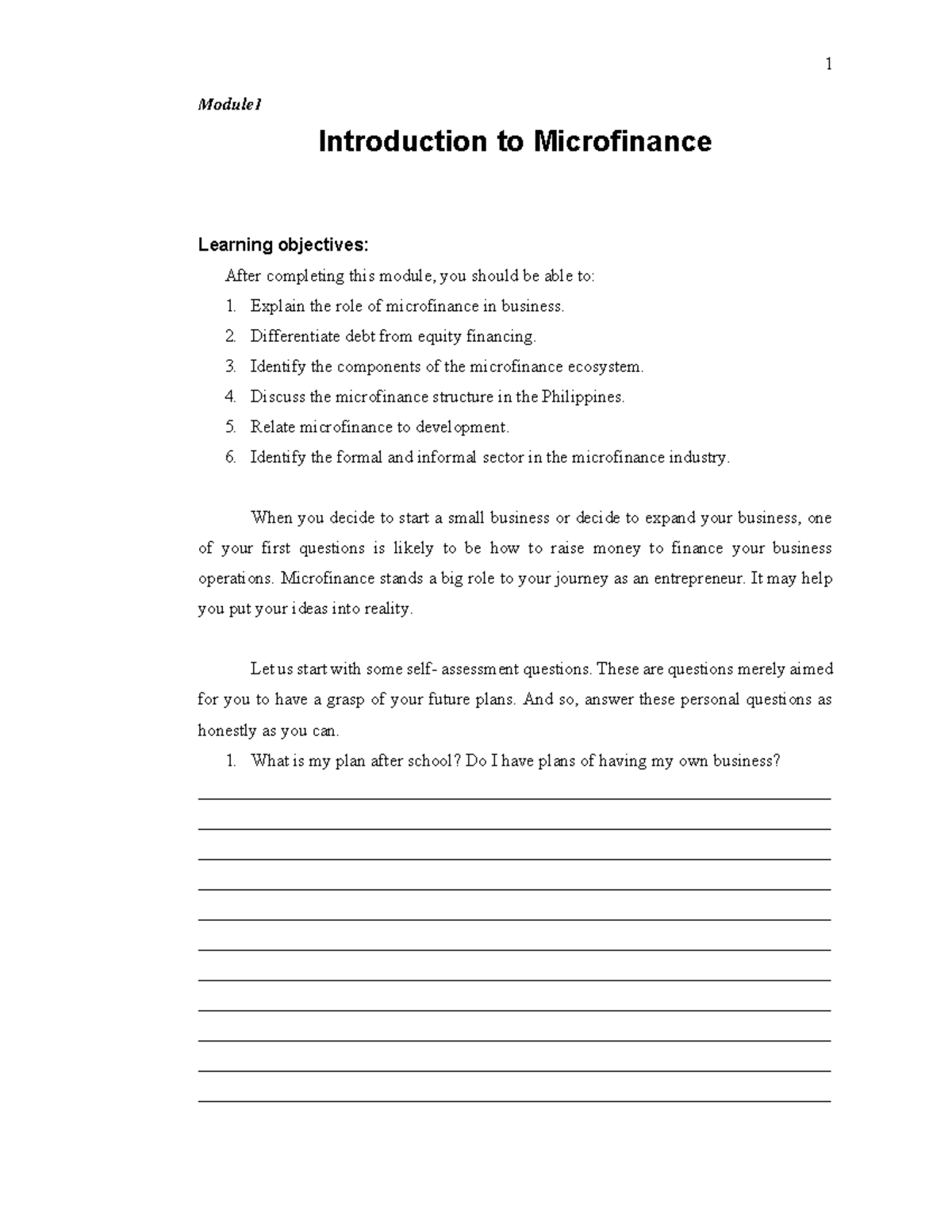 Introduction to Microfinance - Module Introduction to Microfinance ...