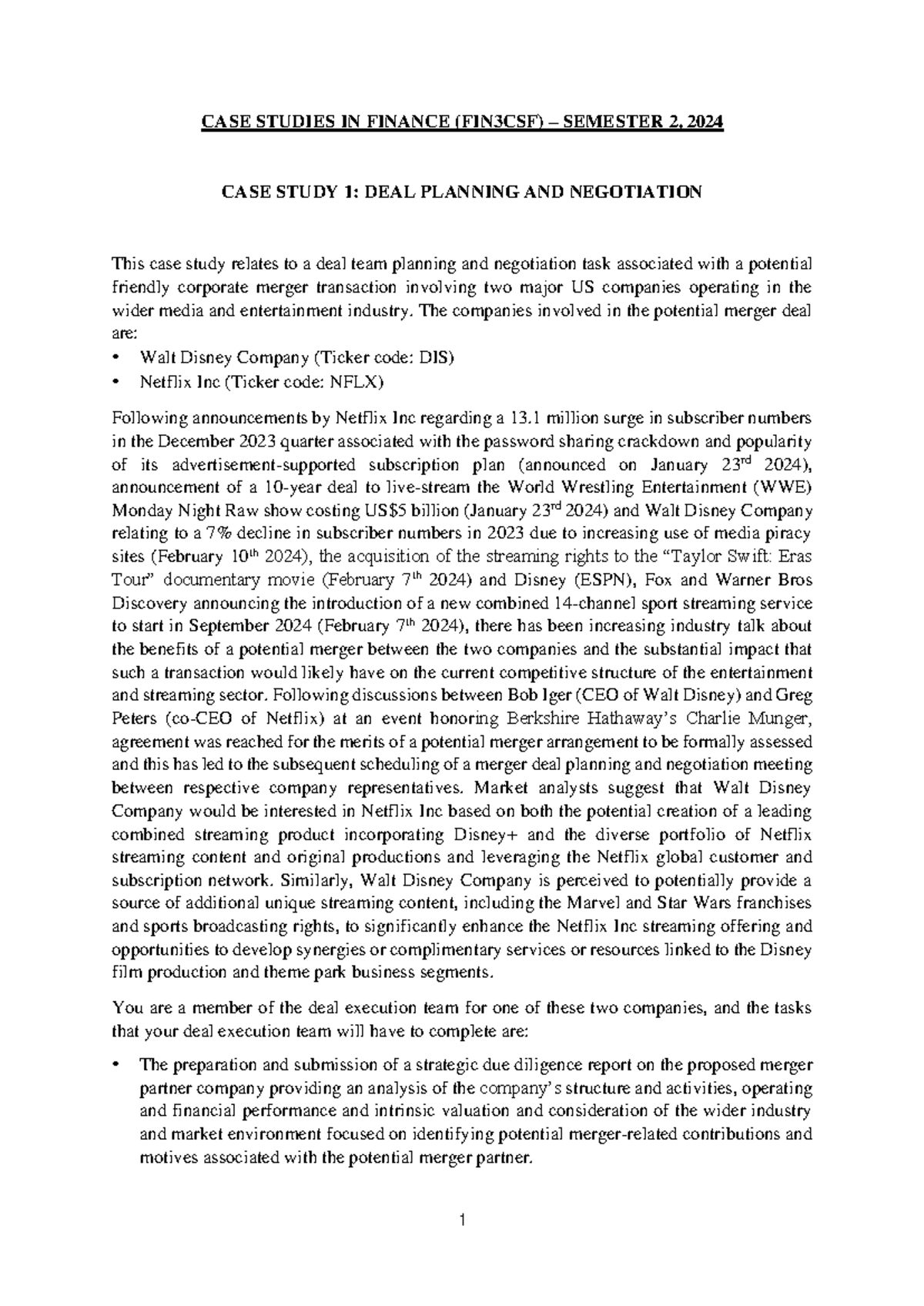 FIN3CSF Case Study 1 - Sem2, 2024 - CASE STUDIES IN FINANCE (FIN3CSF) – SEMESTER 2 , 2024 CASE ...