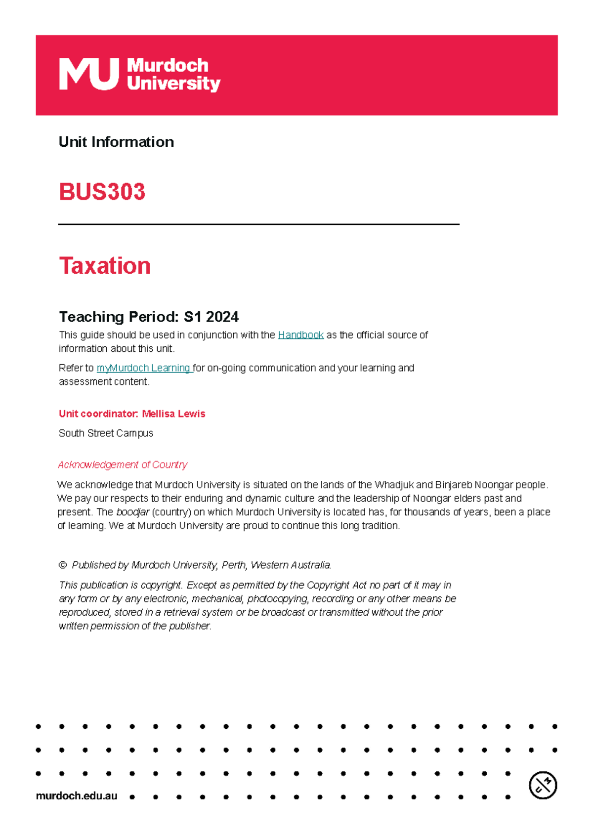 BUS303 S1 2023 Unit Guide - Unit Information BUS Taxation Teaching ...