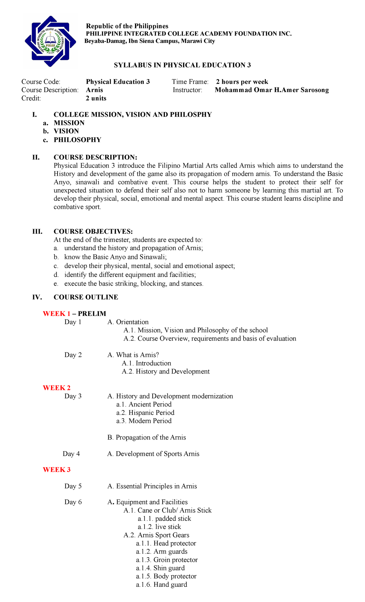 Pdfcoffee.com pe-3-syllabus-5-pdf-free - Republic of the Philippines PHILIPPINE INTEGRATED ...