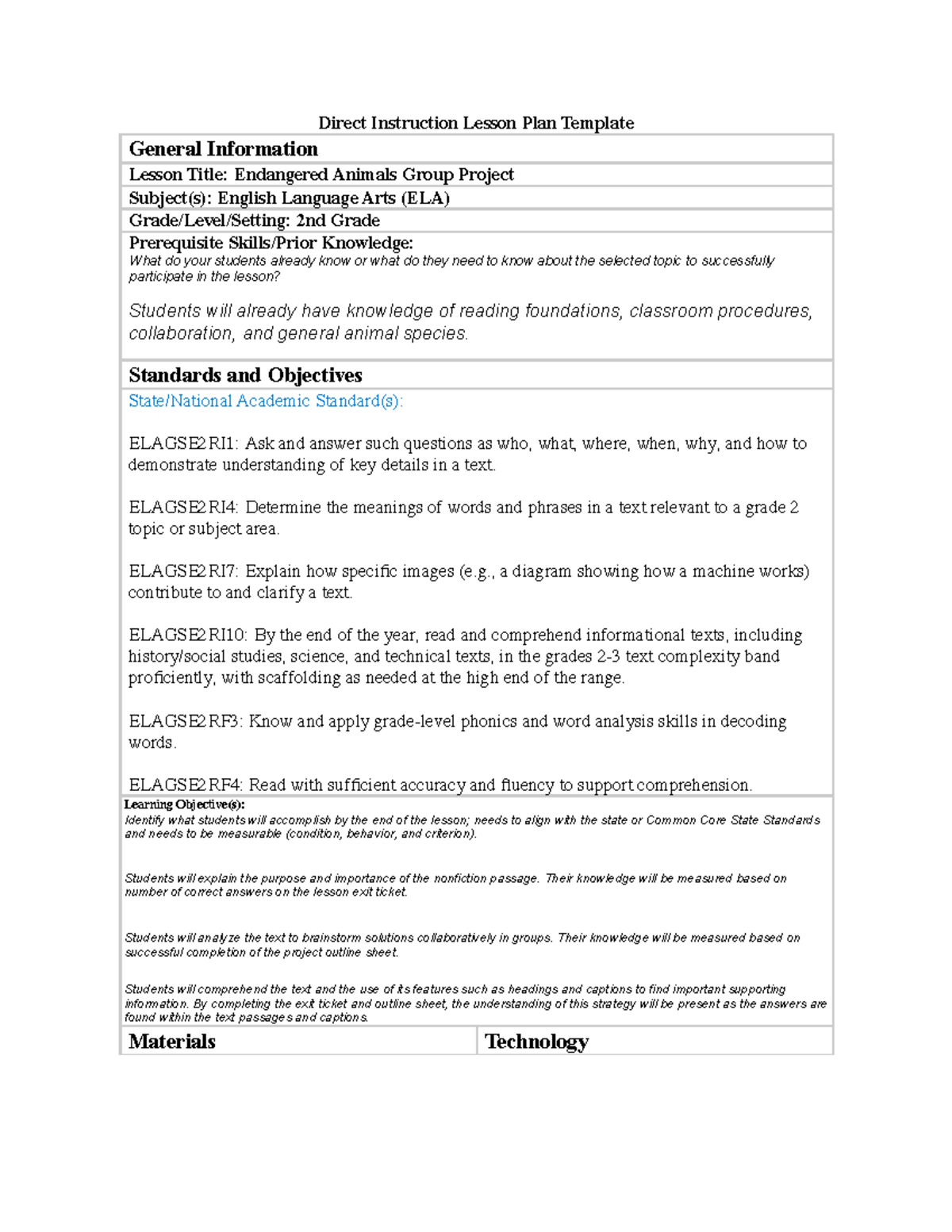 Lesson Plan WGU 2 - passed - Direct Instruction Lesson Plan Template ...