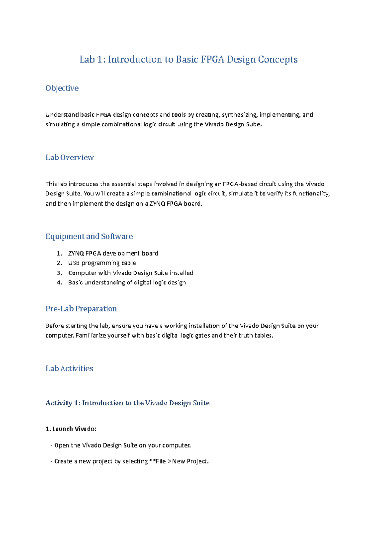 Lab 1 Introduction to Basic FPGA Design Concepts - Lab 1: Introduction to Basic FPGA Design ...