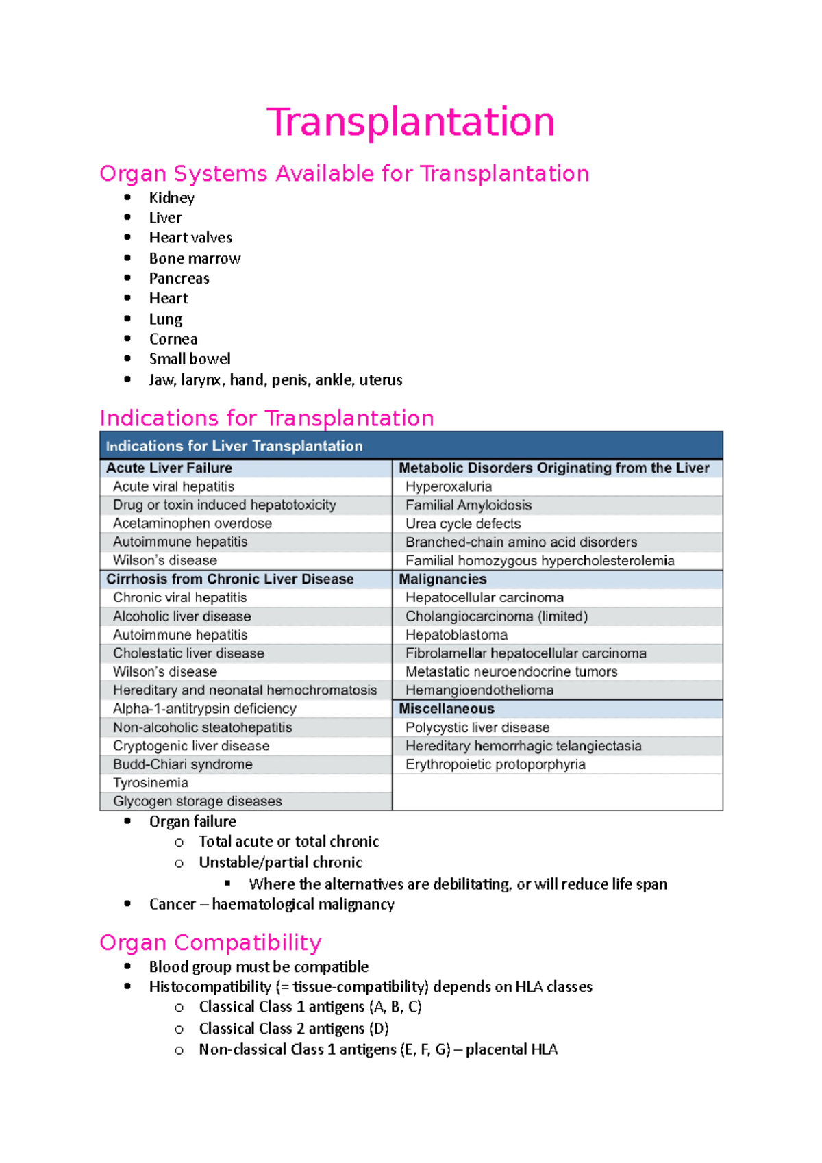 Transplantation - Notes - Transplantation Organ Systems Available for ...