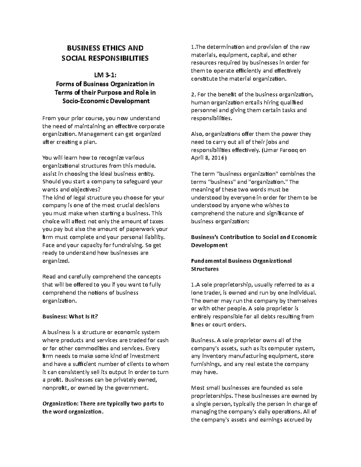 Business Ethics LM 3-1 - BUSINESS ETHICS AND SOCIAL RESPONSIBILITIES LM ...