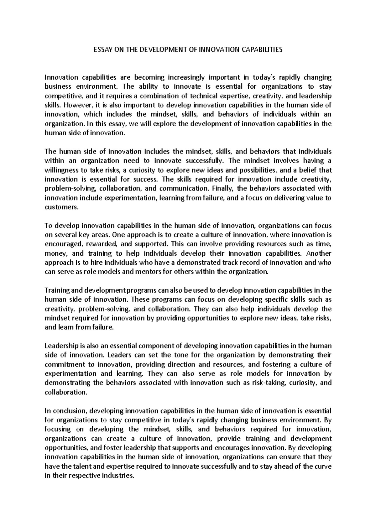 Essay on the Development of Innovation Capabilities - ESSAY ON THE ...