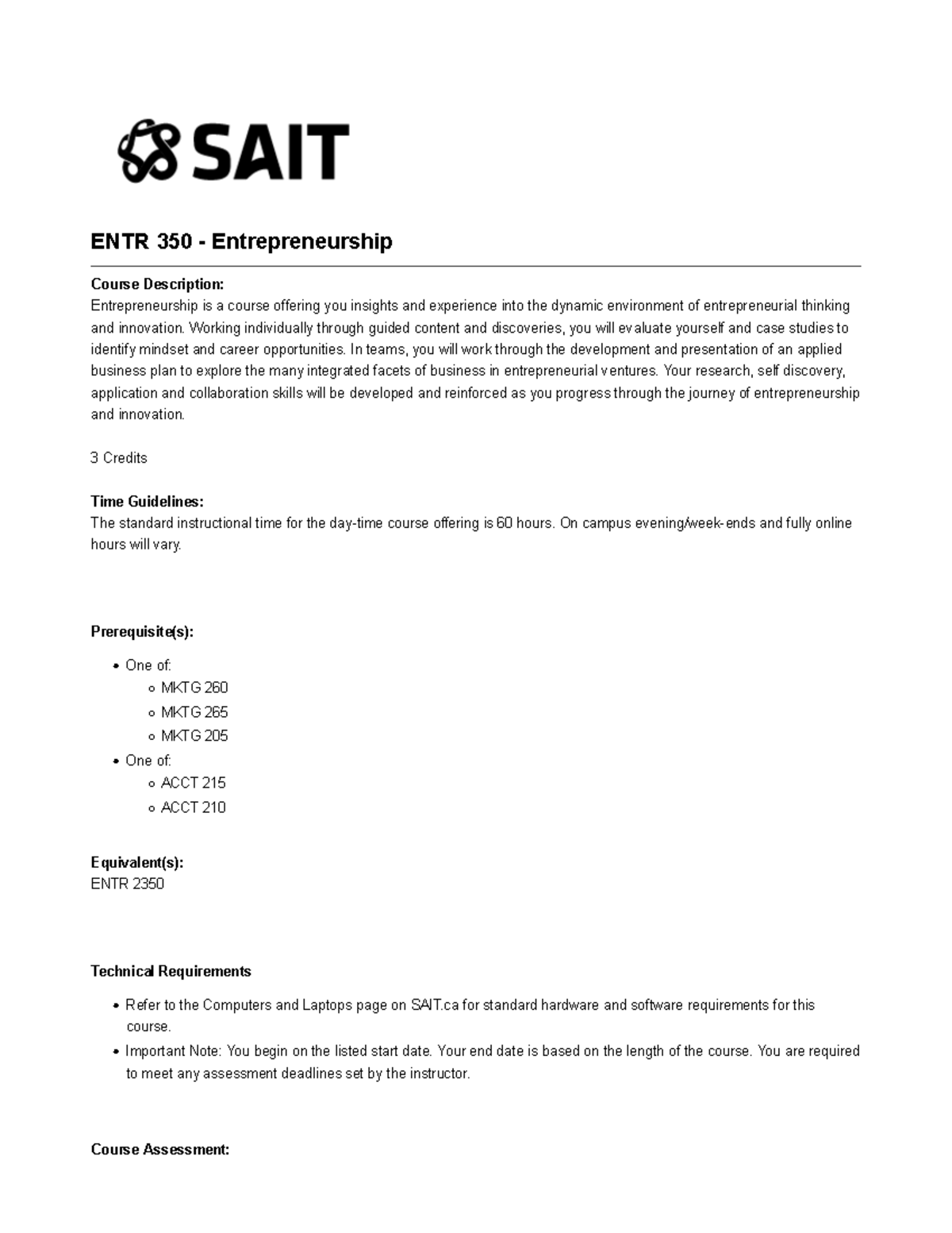 Course Outline ENTR 350 202310 - ENTR 350 - Entrepreneurship Course ...