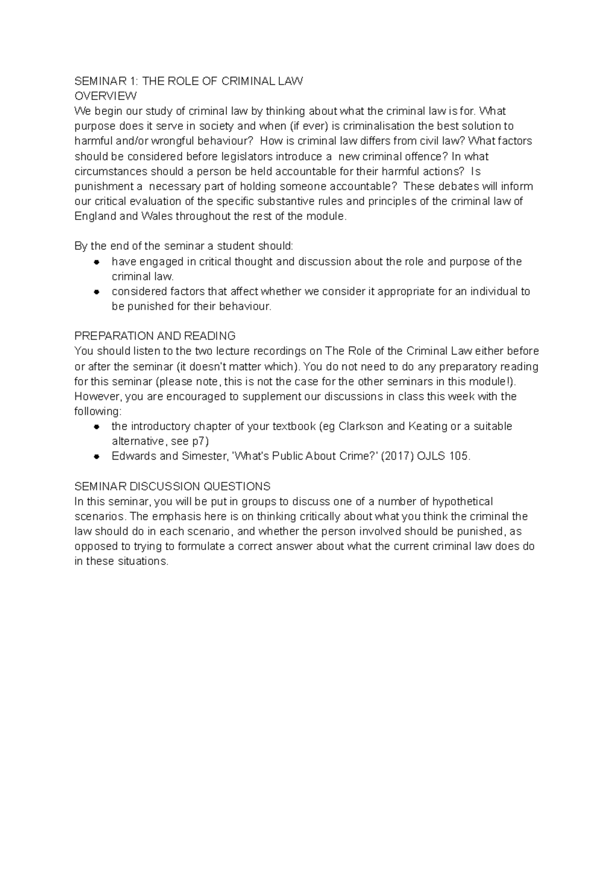 Seminar 1 THE ROLE OF Criminal LAW - SEMINAR 1: THE ROLE OF CRIMINAL ...