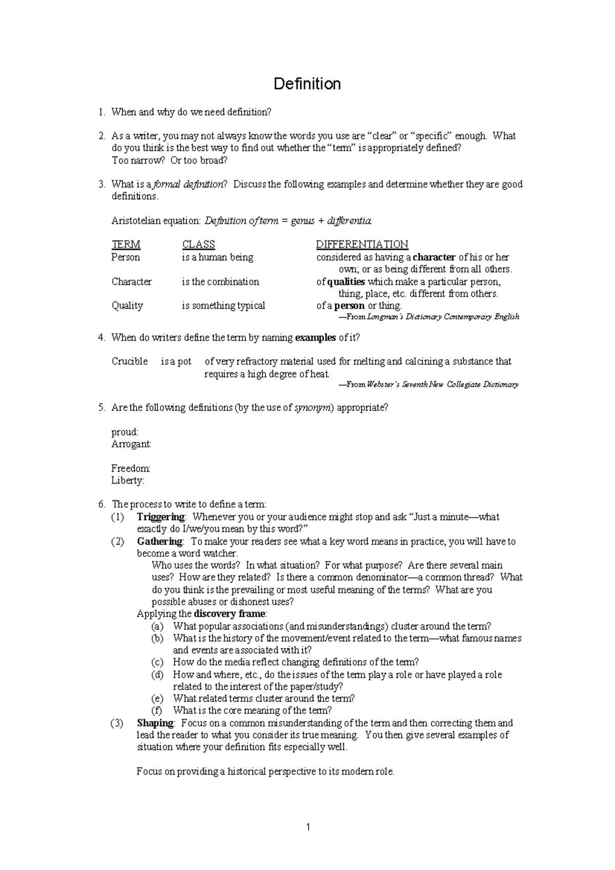 Definition - Notes - Definition When and why do we need definition? As ...