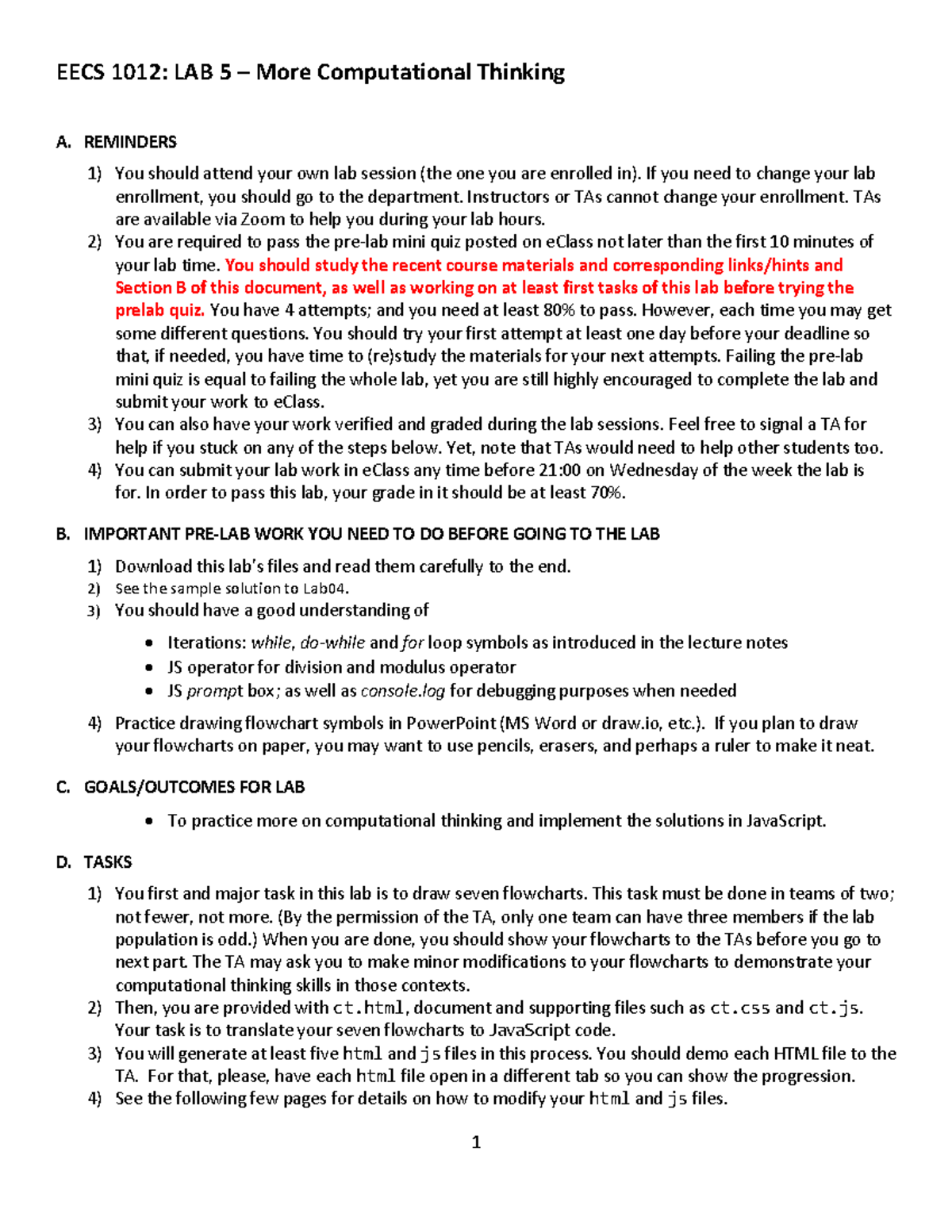 Lab05 - lab 5 which covered computational thinking in javascript - EECS 1012: LAB 5 – More - Studocu