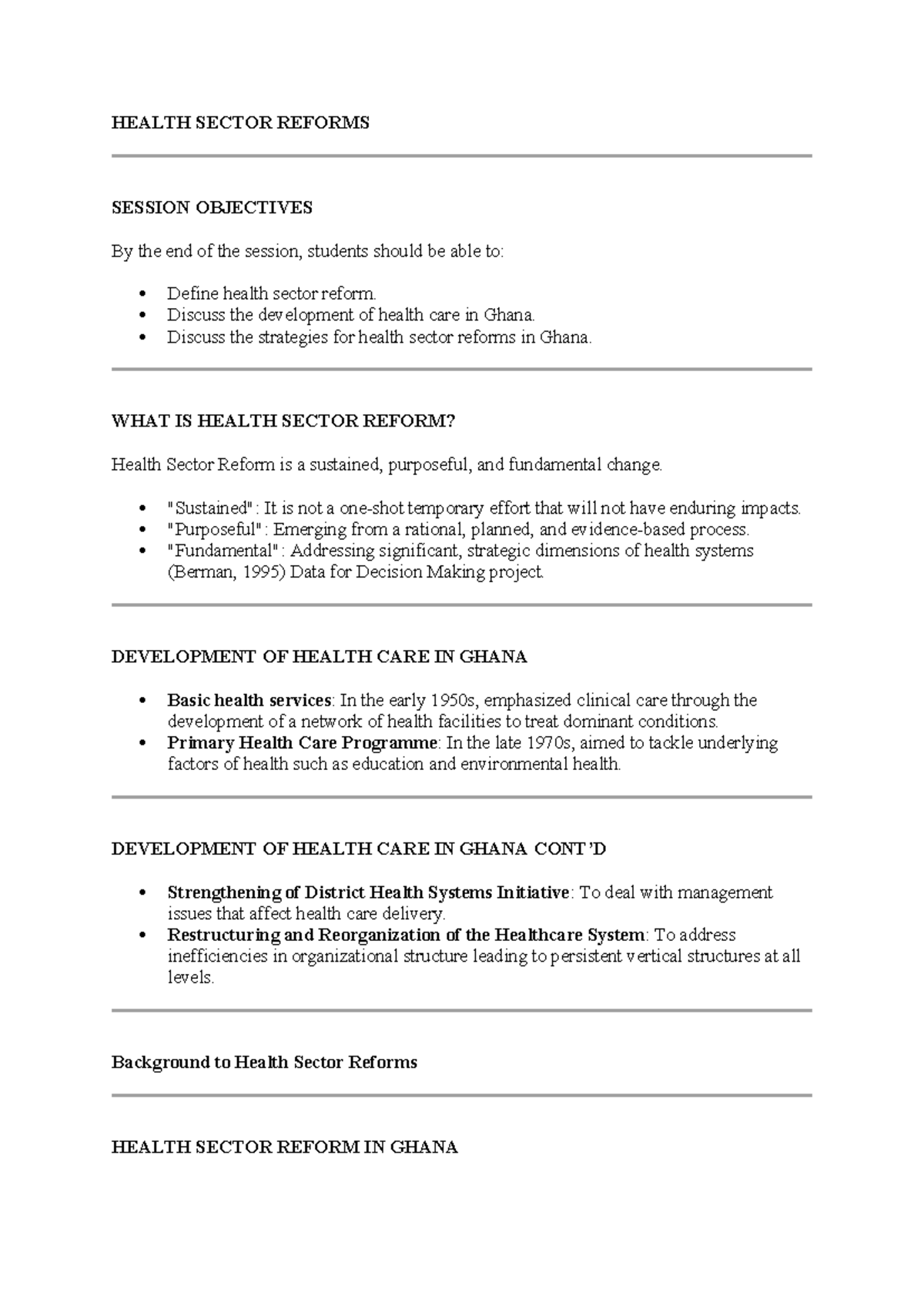 Health Sector Reforms slides - HEALTH SECTOR REFORMS SESSION OBJECTIVES ...