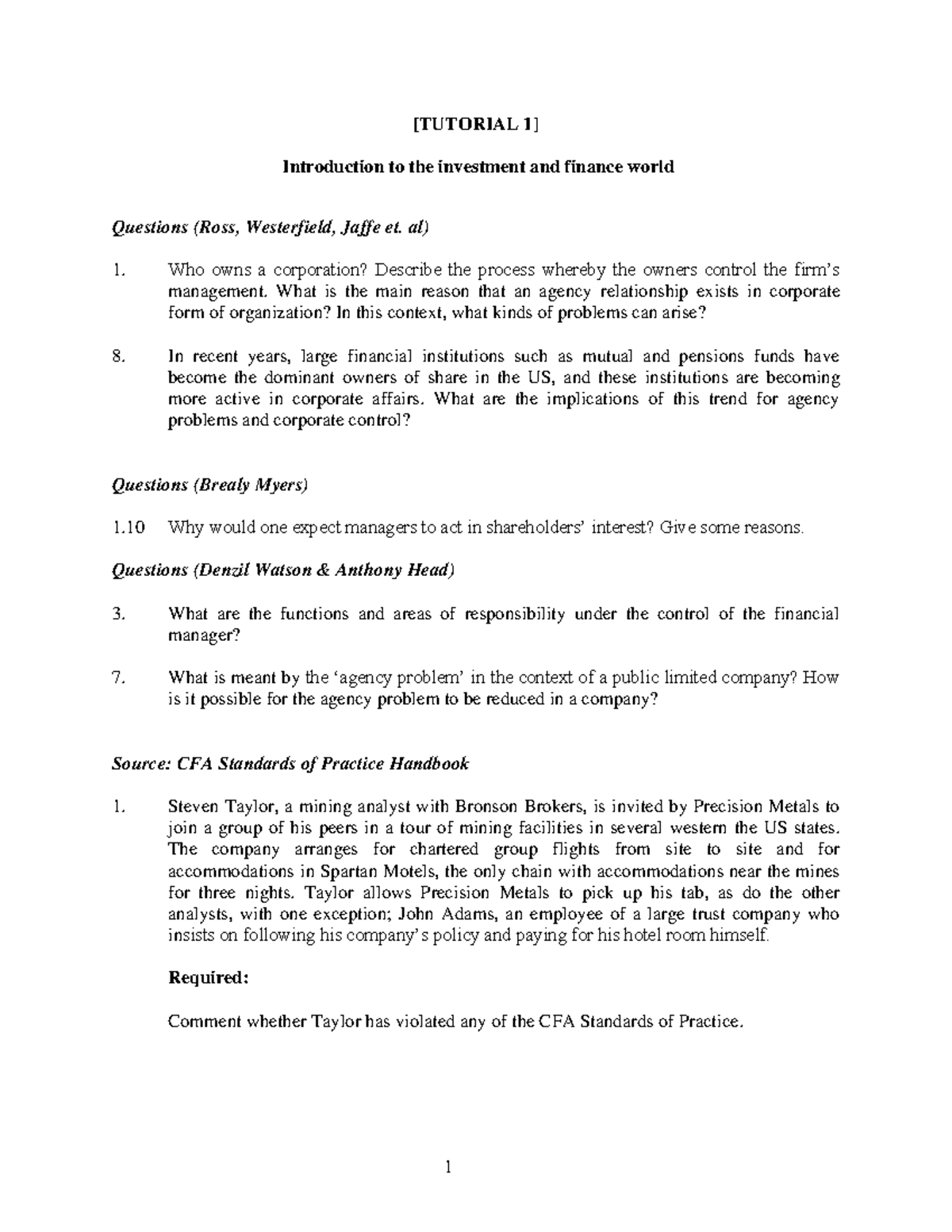 Tutorial 1 Questions - Introduction to the investment and finance world ...