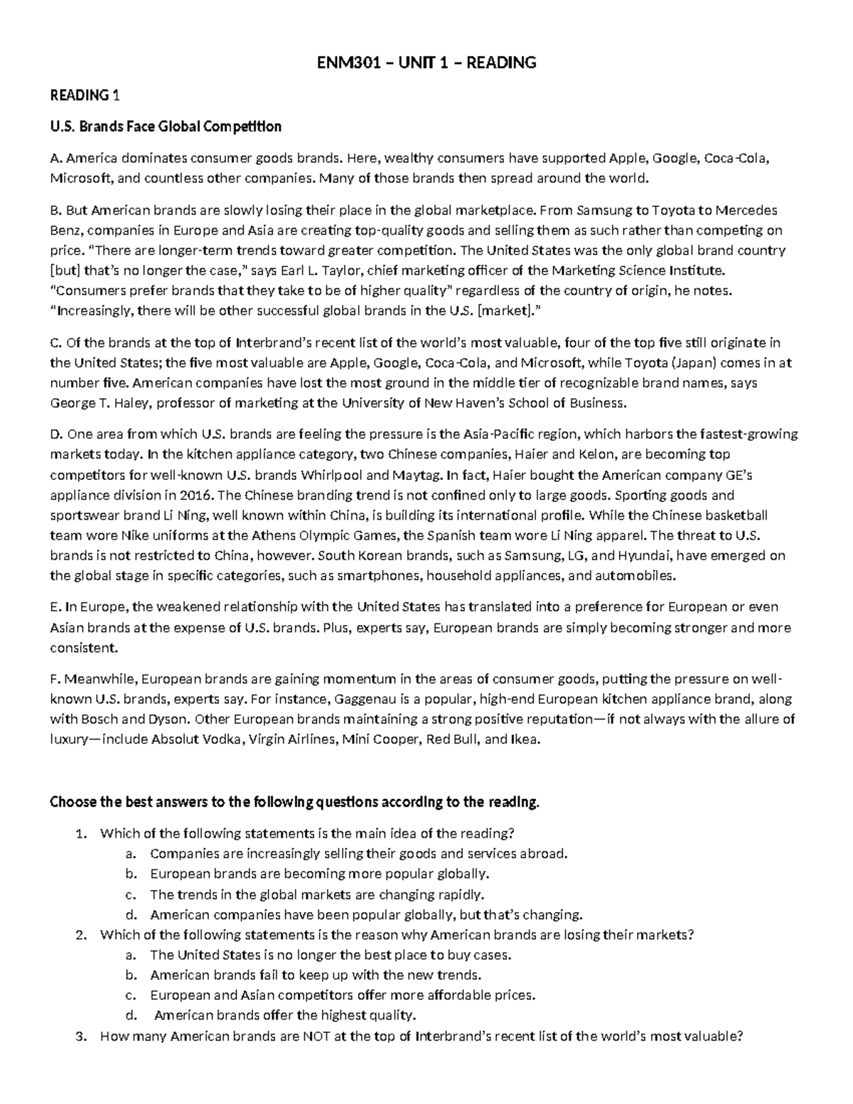 Unit 9 Reading - abc - ENM301 – UNIT 1 – READING READING 1 U. Brands ...