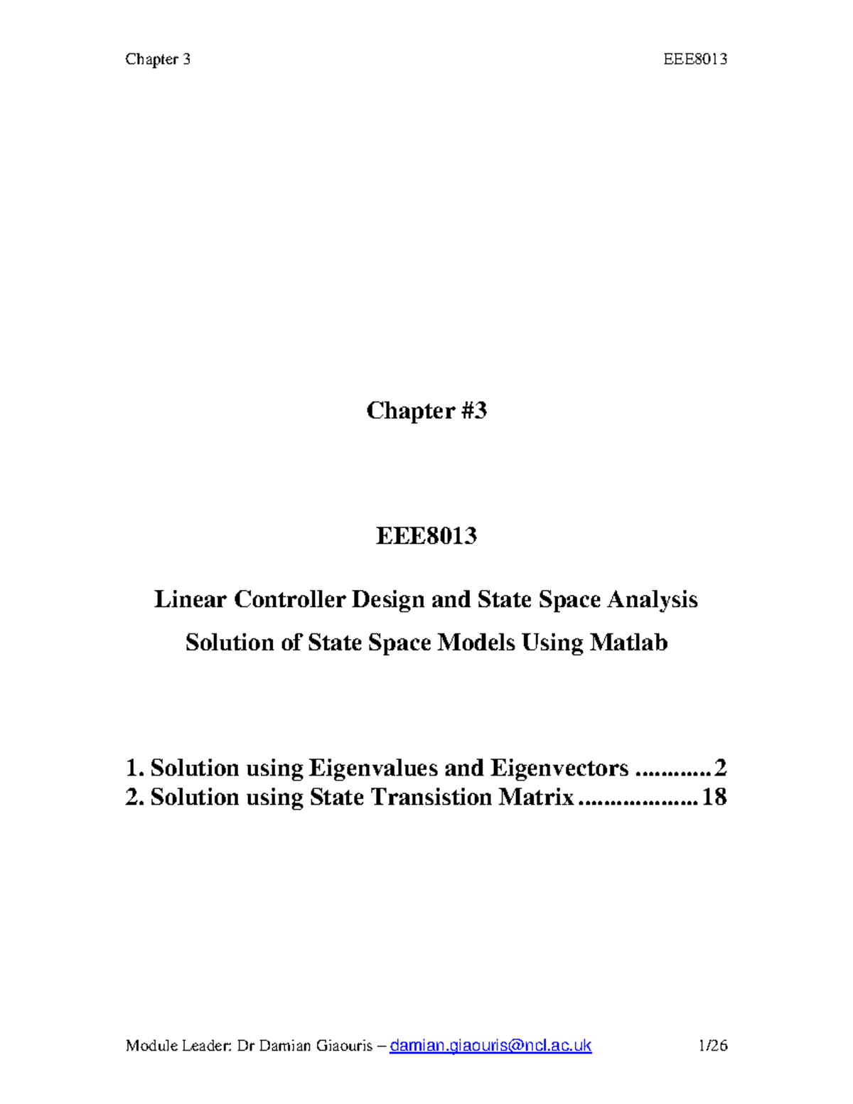 Chapter 3 Solution Of State Space Models Using Matlab Chapter Eee