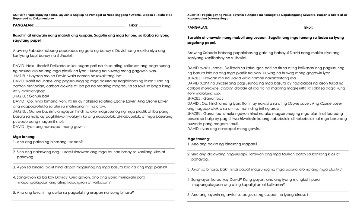 Activity- Filipino - NOTES - ACTIVITY : Pagbibigay ng Paksa, Layunin o ...