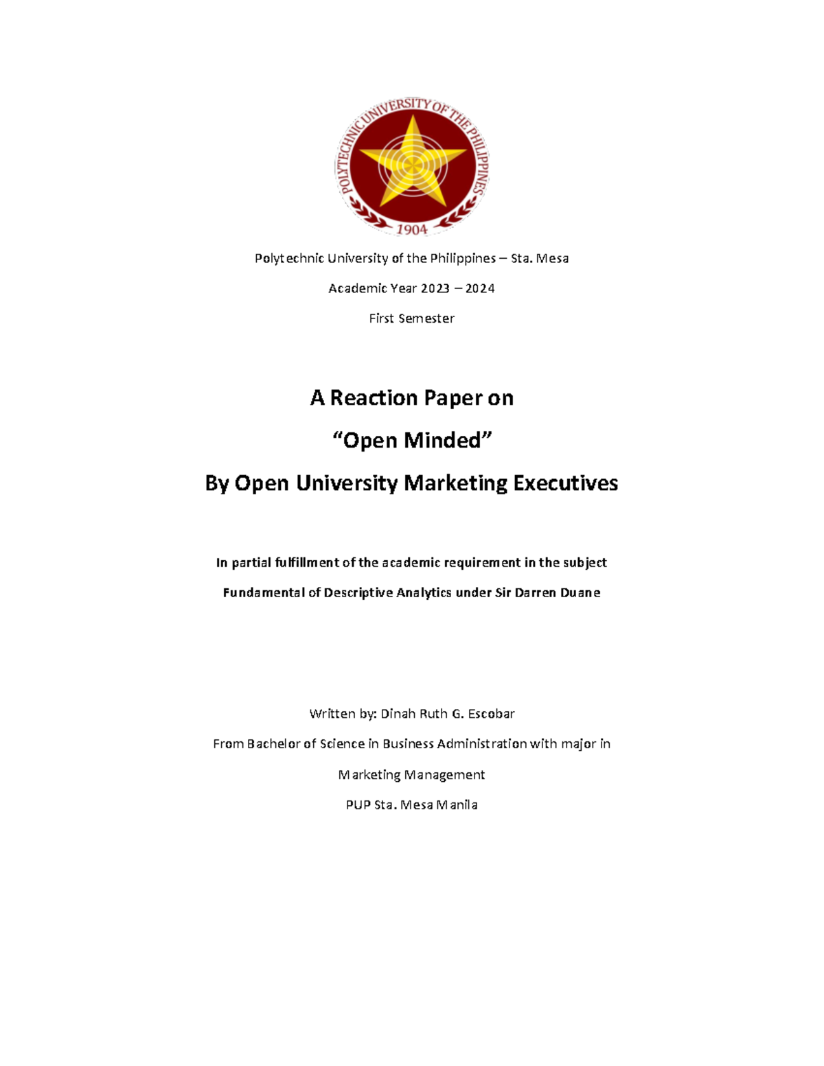 Reaction Paper - Polytechnic University of the Philippines – Sta. Mesa ...
