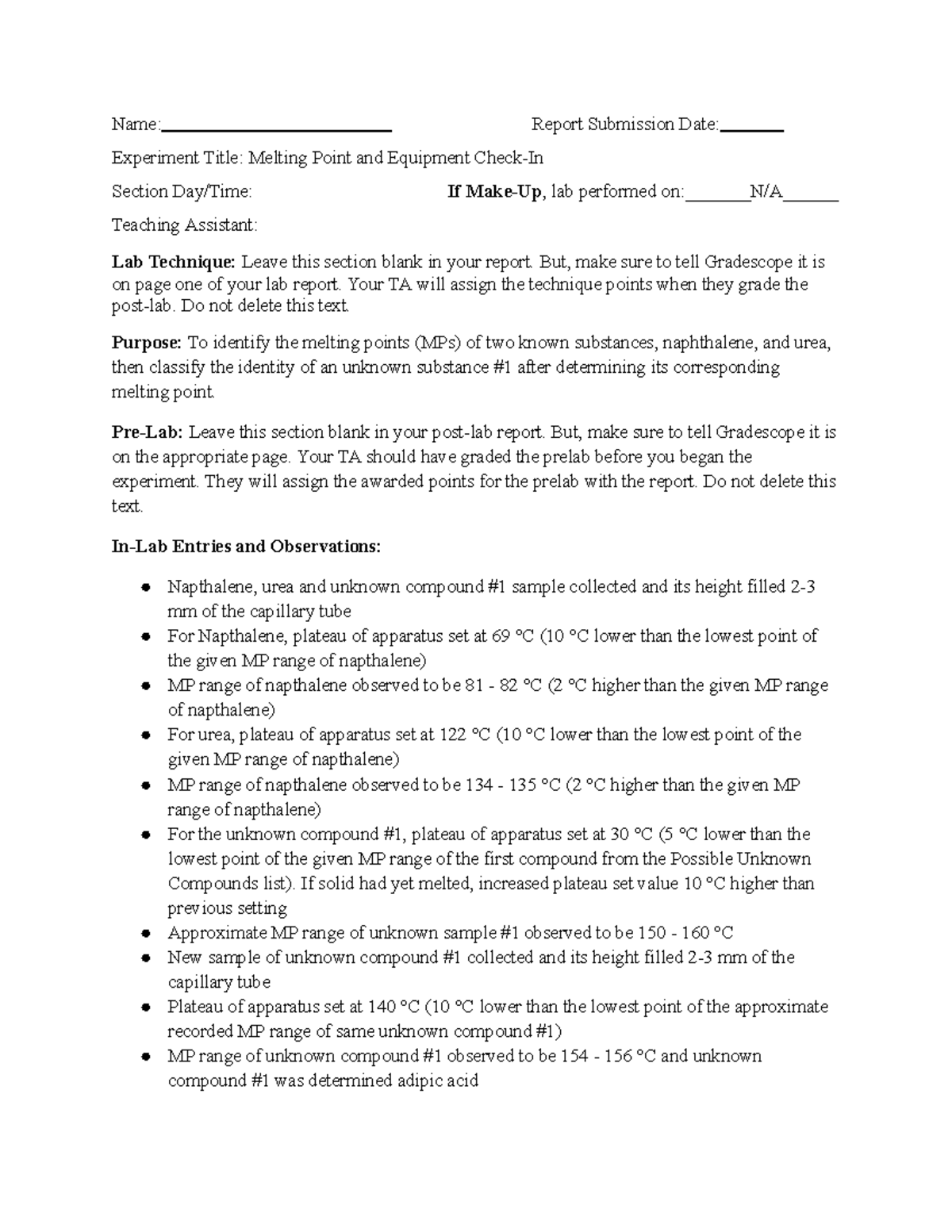Post-lab 1 - Melting Point - Name: Report Submission Date: Experiment ...